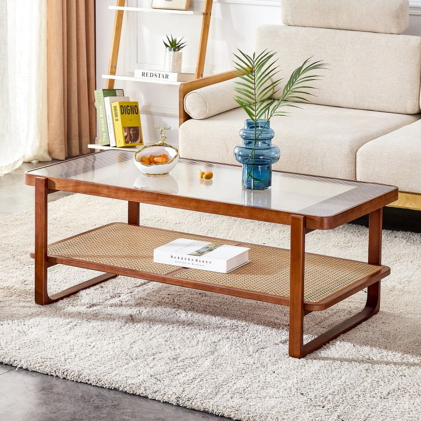 Modern simple rectangle double-layer solid wood Glass desktop tea table rattan woven Chinese ...