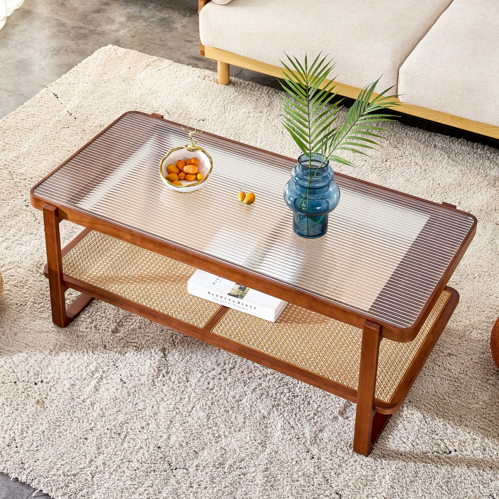 Modern simple rectangle double-layer solid wood Glass desktop tea table rattan woven Chinese ...