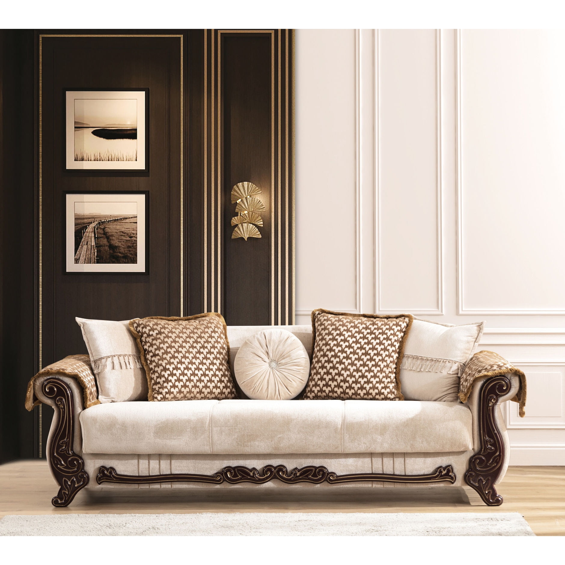 Modern sofa with carved wood frame, plush chenille, and sofa bed ...