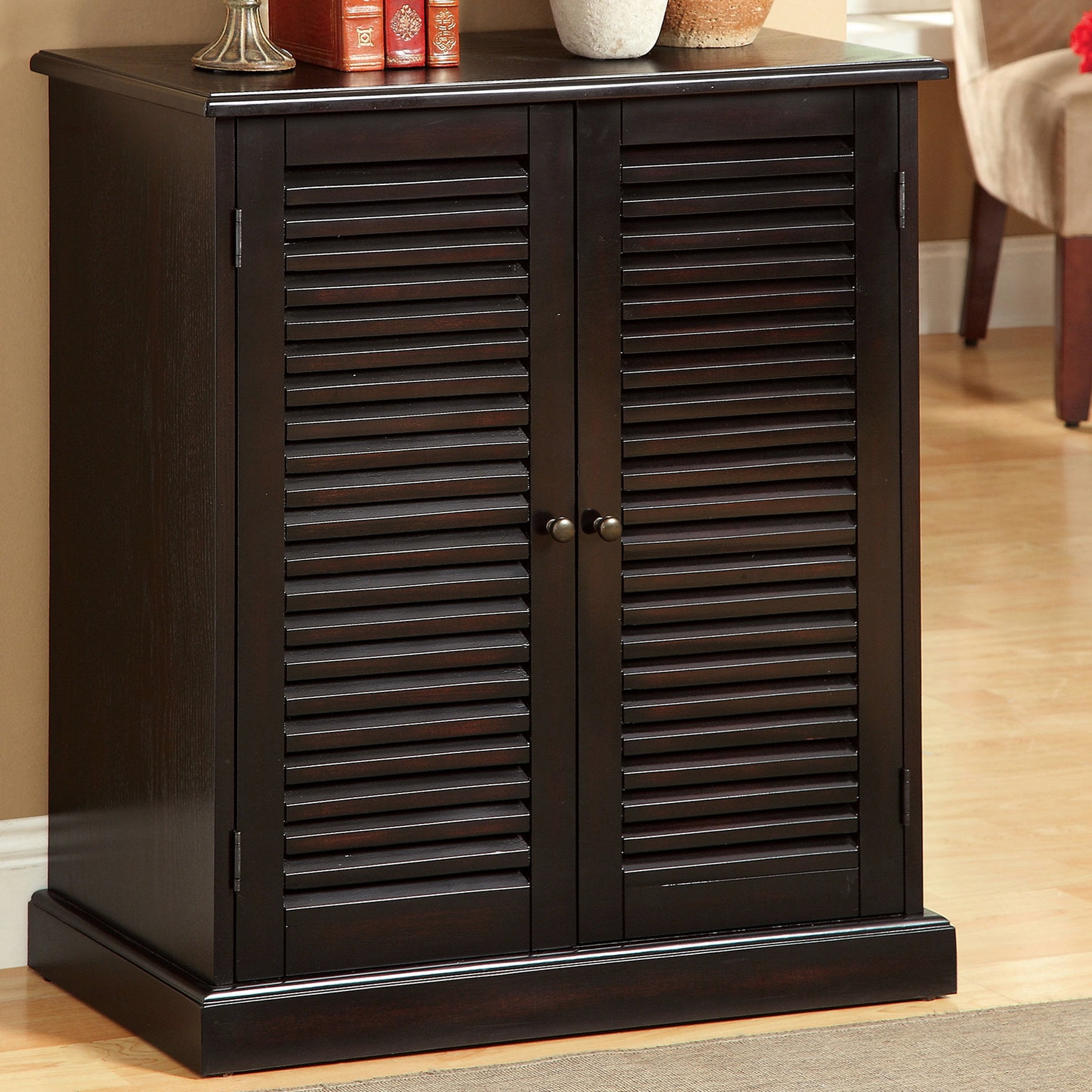Modern solid wood shoe rack with louver design doors for home shoe ...