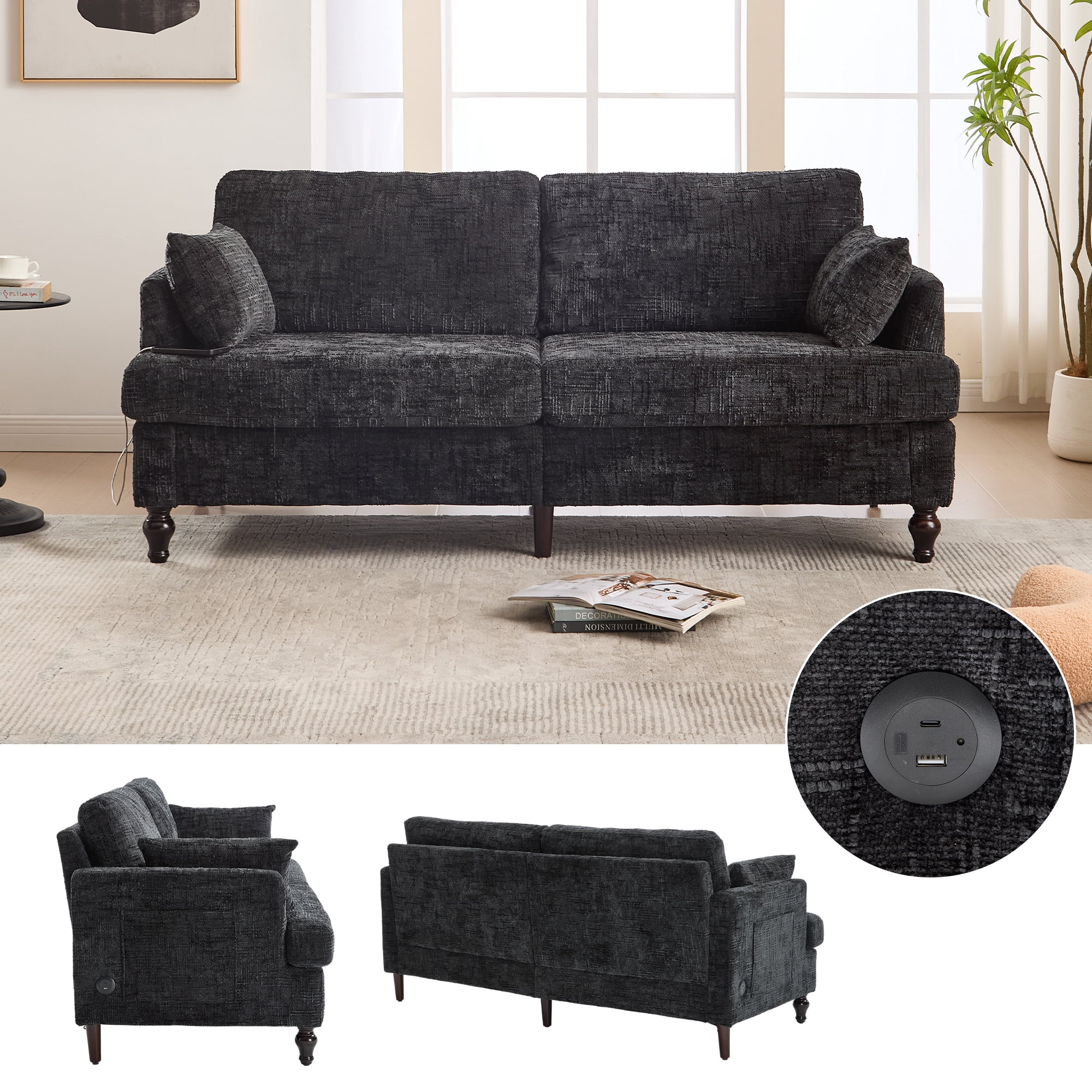 Modern Chenille 2-Seater Sofa in Black with LED Lighting & USB Port ...