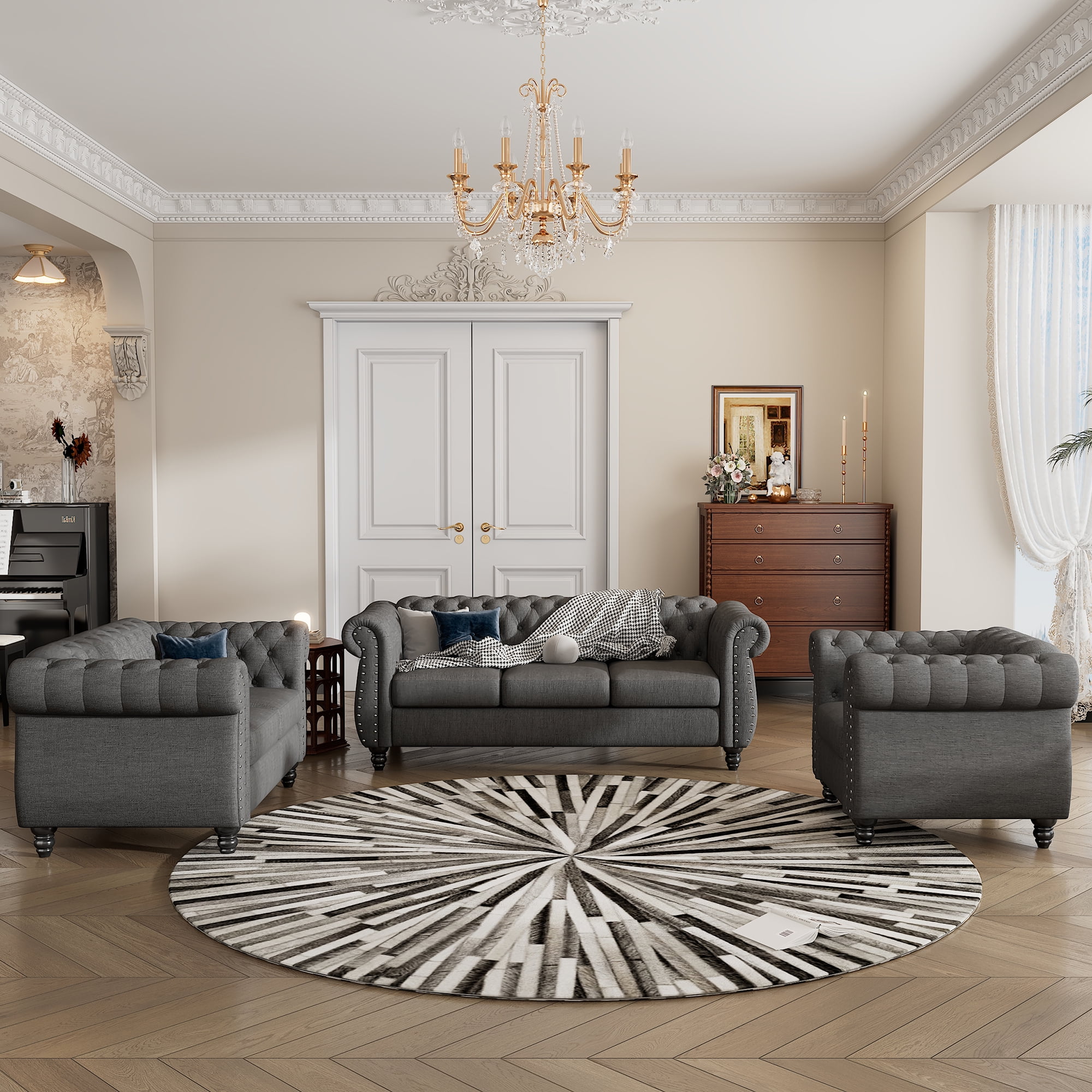 Modern three-piece sofa set with solid wood legs, button-down tufted ...