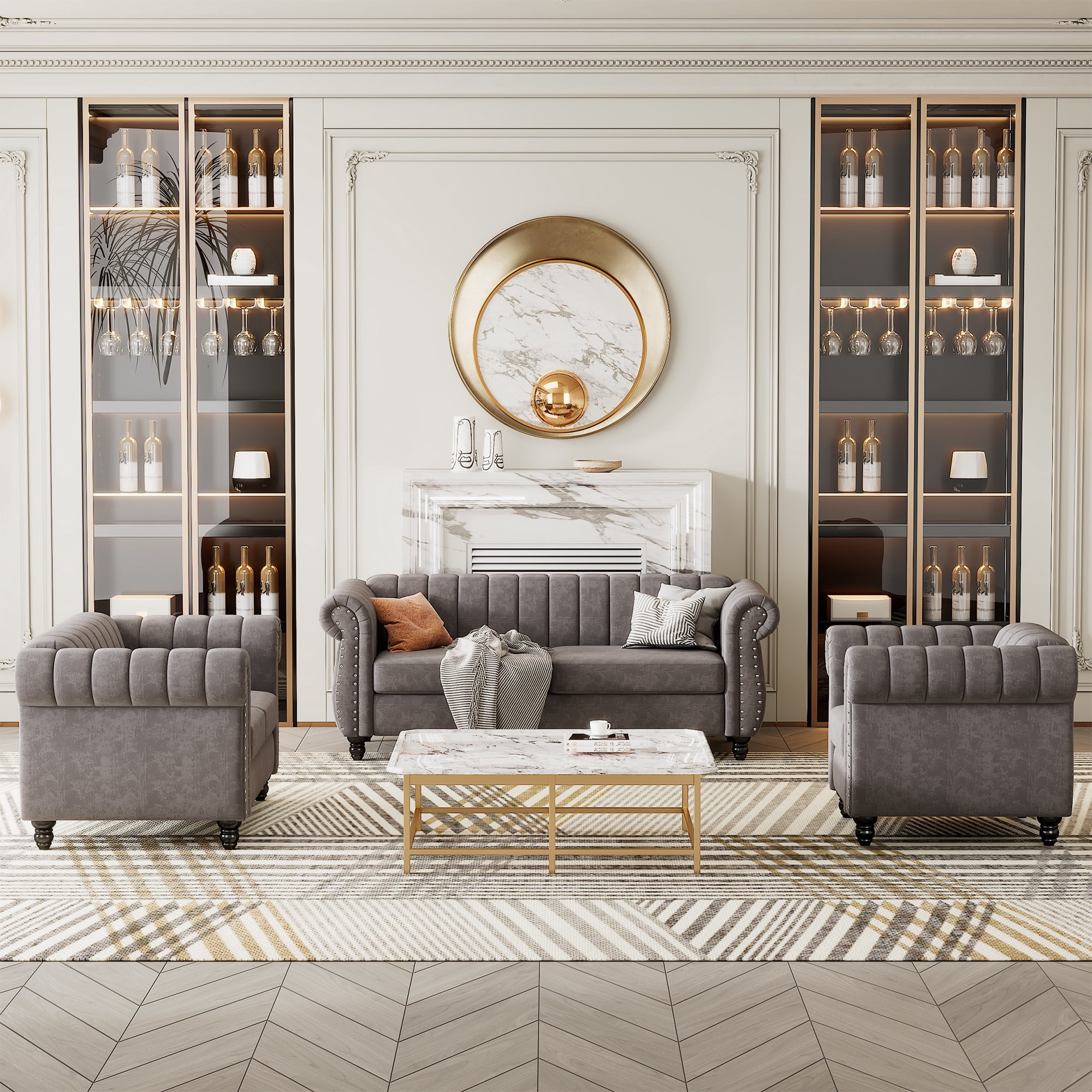 Modern three-piece sofa set with solid wood legs, buttoned tufted ...