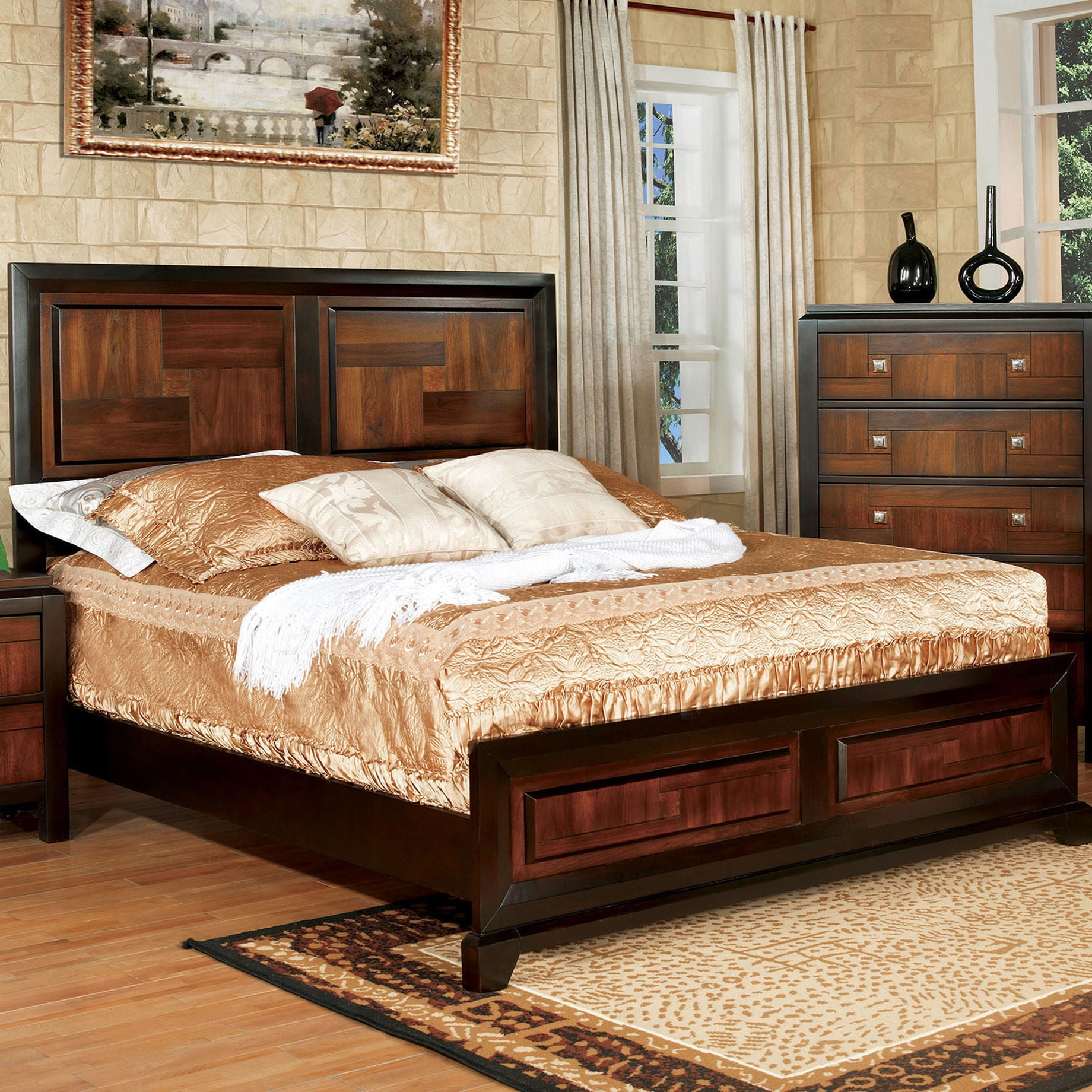 Modern /walnut Bedroom Queen Bed, Solid Wood With Transitional Parquet ...