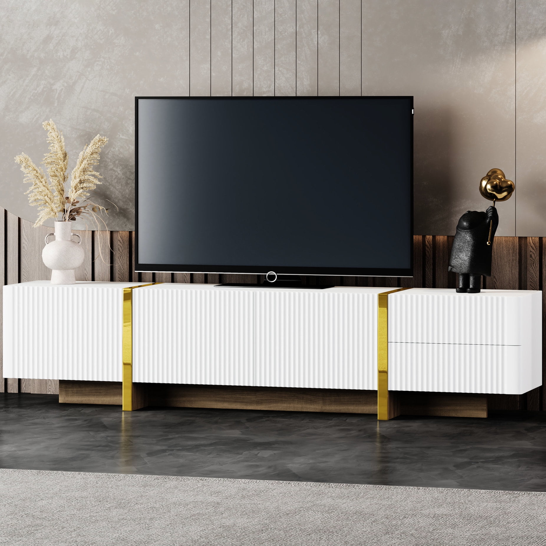 Modern white TV stand with storage and cable management for 80-inch TVs ...