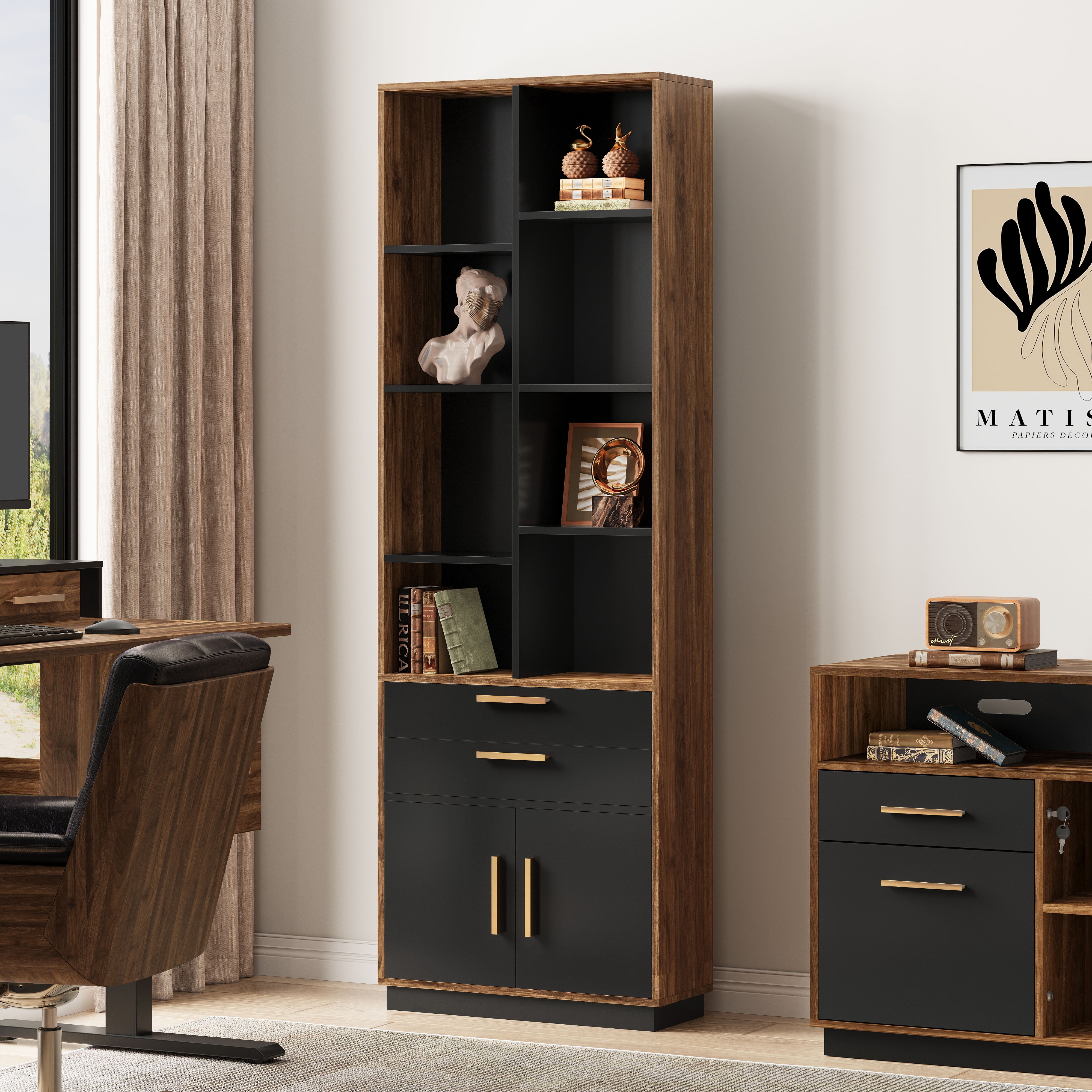 ModernMate 73" Tall Wooden Bookcase with 2 Drawers, Modern Bookshelf ...