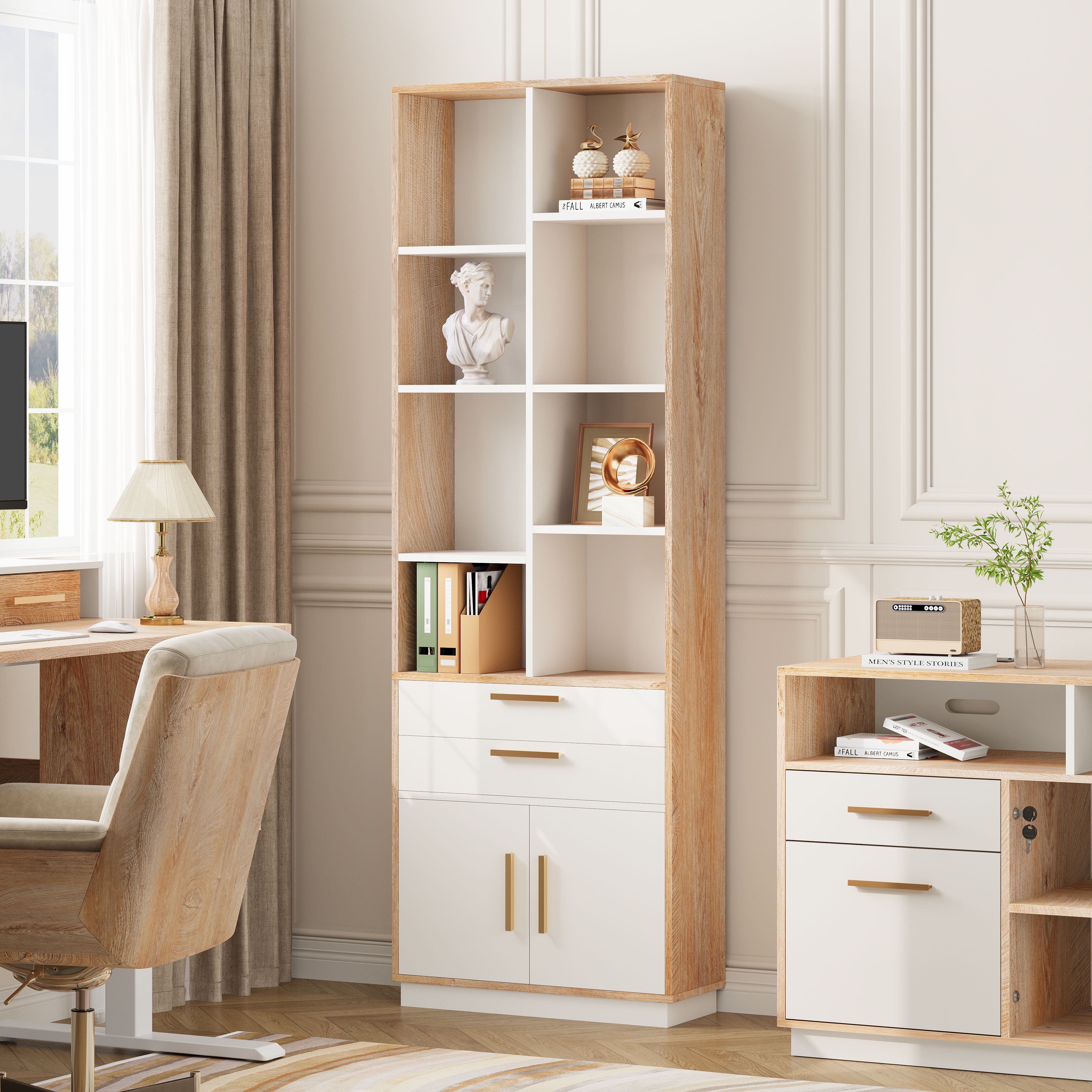 ModernMate 73" Tall Wooden Bookcase with 2 Drawers, Modern Bookshelf ...