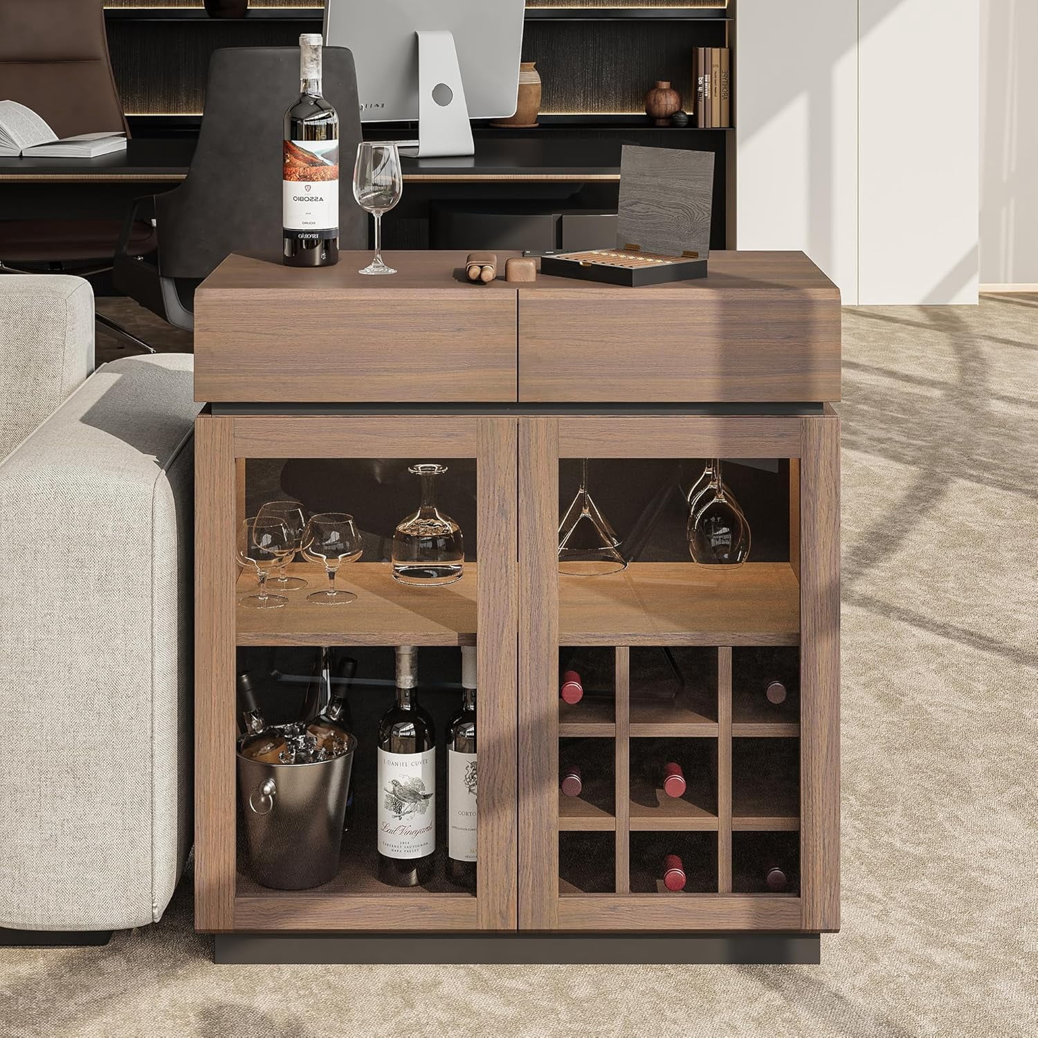 ModernMate Coffee Bar Cabinet with LED Light, 9-Grid Removable Wine ...