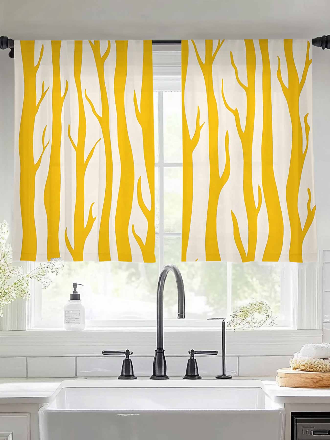 Modernism Line Sheer Curtains 45 Inches Long 2 Panels Yellow Linear ...