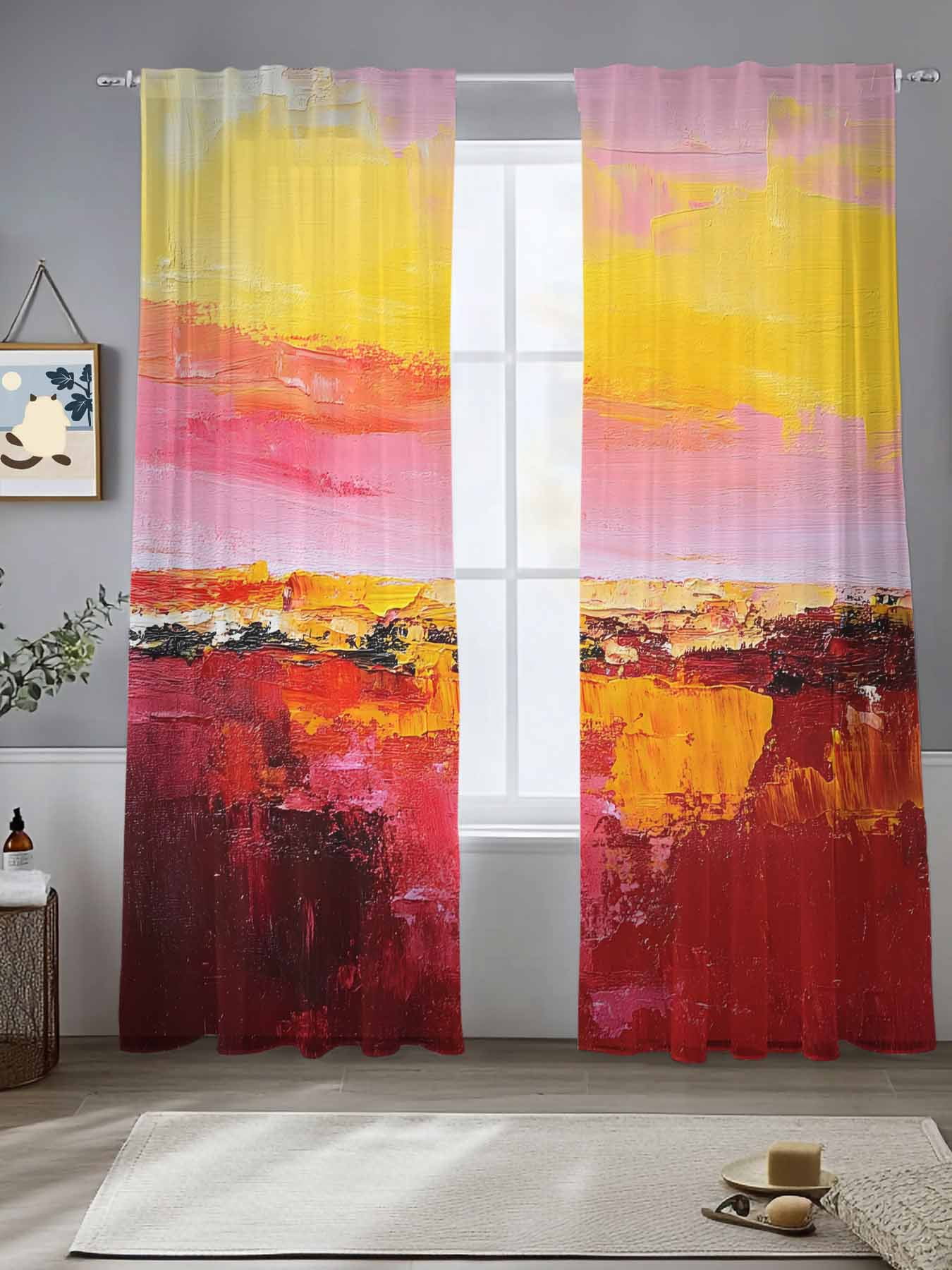 Modernism Sheer Curtains 108 Inches Long 2 Panels Simple Red Yellow ...
