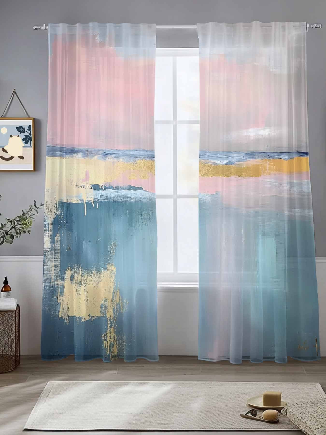 Modernism Sheer Curtains 108 Inches Long 2 Panels Simple Style Blue ...