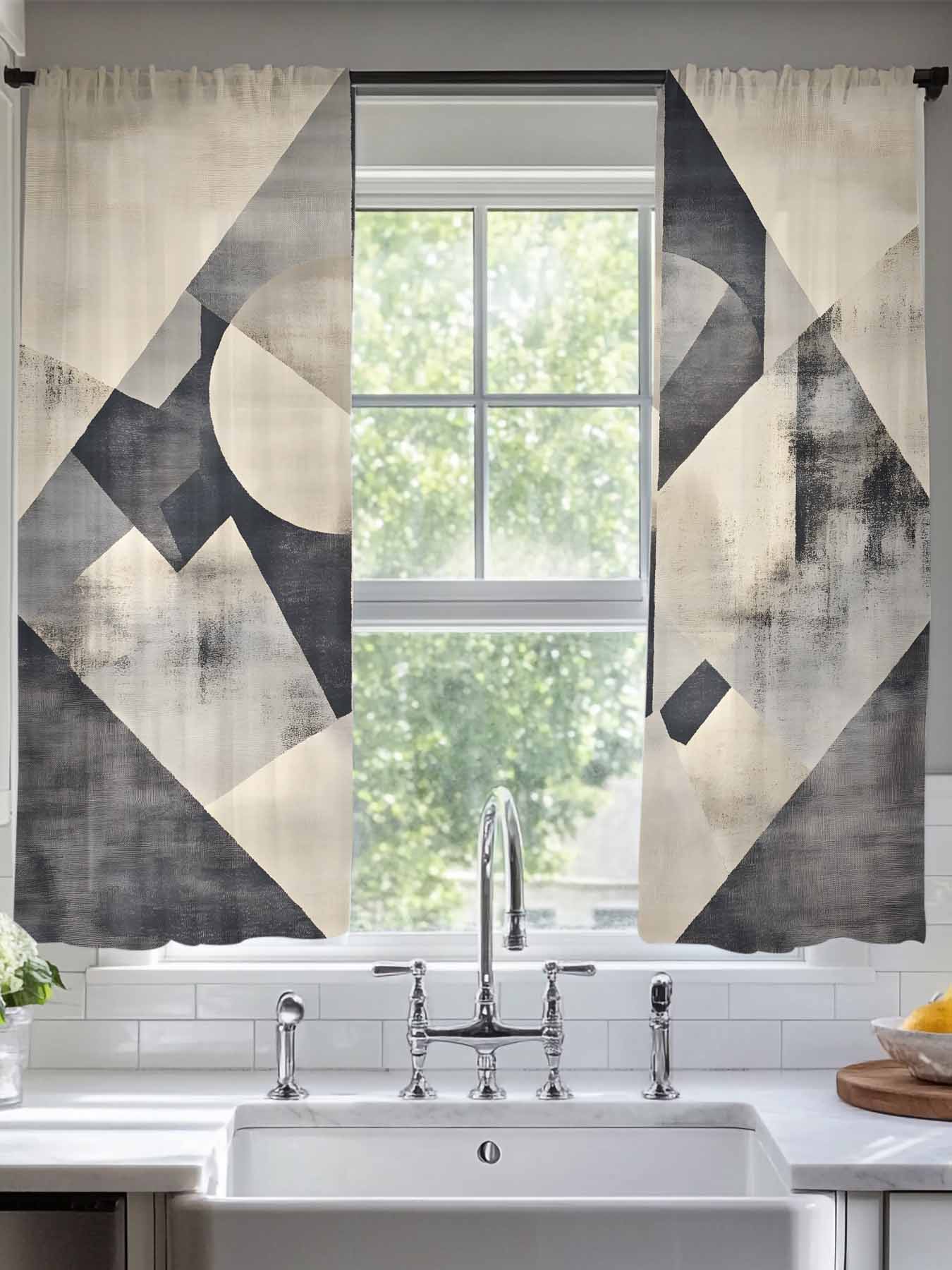 Modernism Sheer Curtains 72 Inches Long 2 Panels Beige Blue Triangular ...