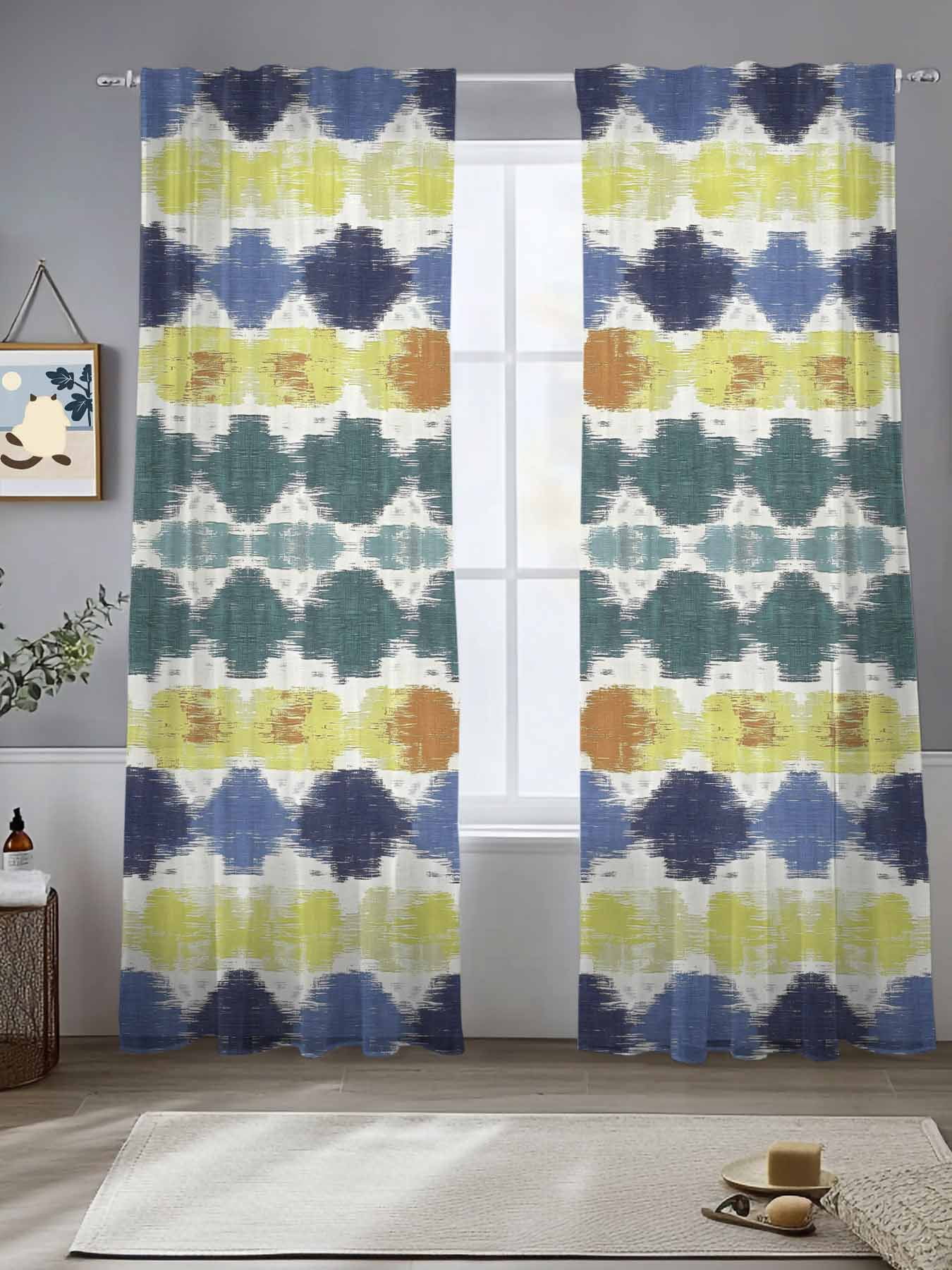 Modernism Sheer Curtains 84 Inches Long 2 Panels Yellow Blue Color ...
