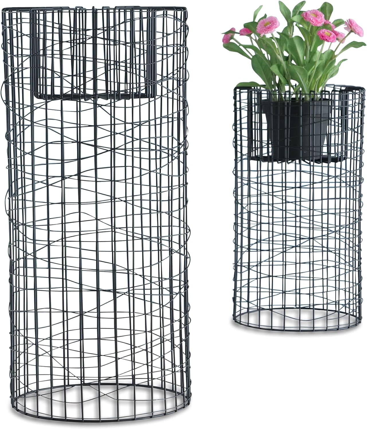 Modernist Home Plant Stands, Black Iron, Woven Wire Mesh Columns ...