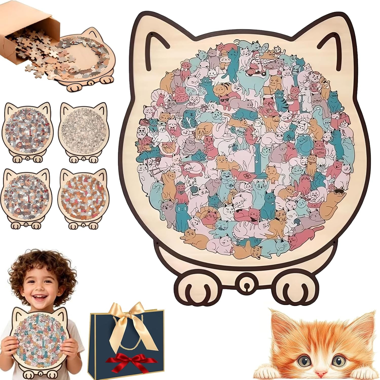 Moderobot 135-Piece Morandi-Colored Cat Shaped Wooden Jigsaw Puzzle ...