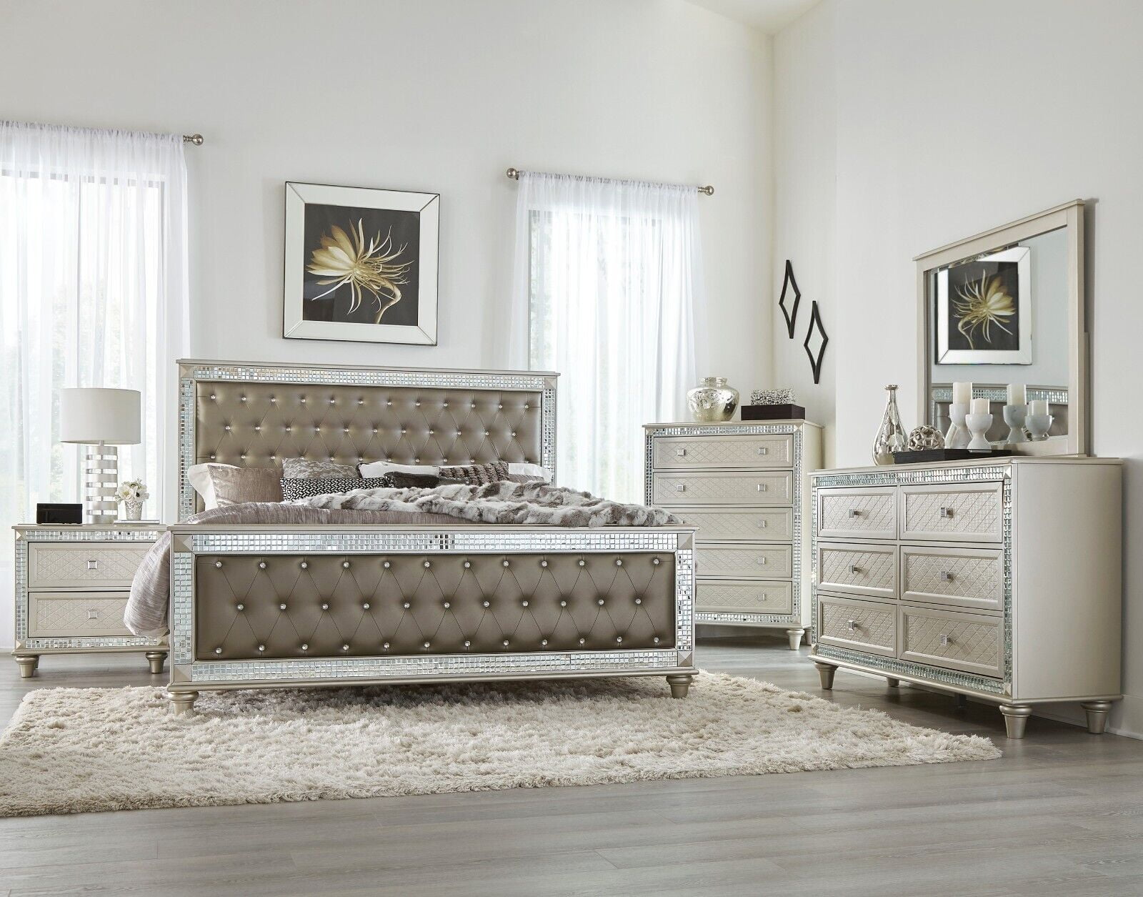 Modest Design 4pc Bedroom Set Queen Bed Dresser Nightstand Mirror ...