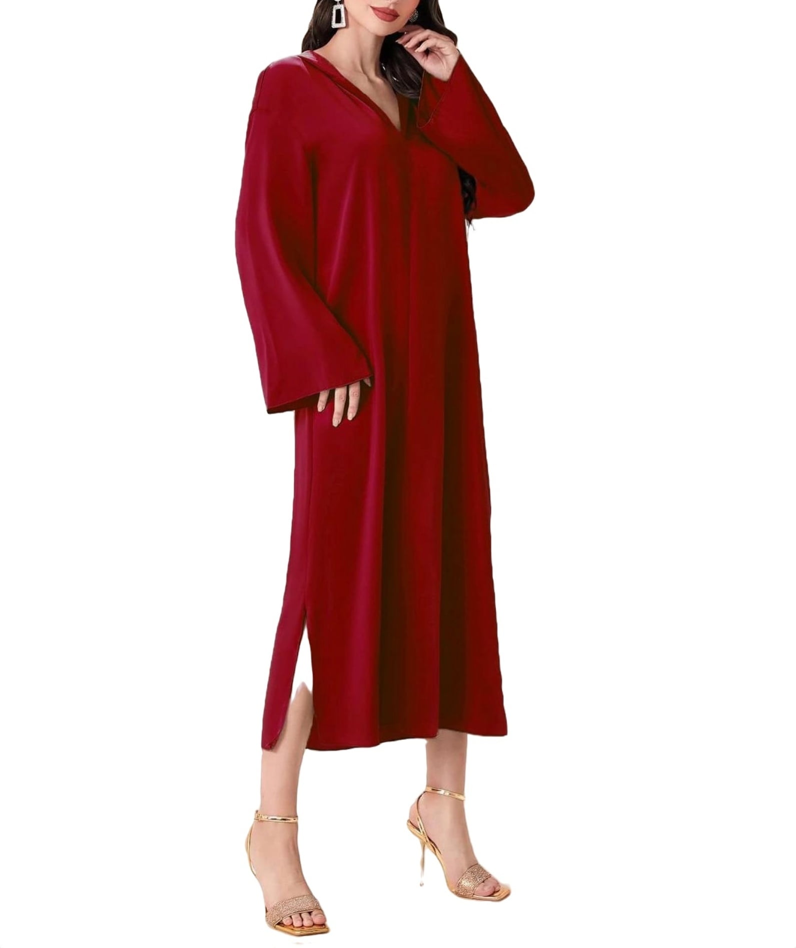 Modest Solid Hooded Kaftan Long Sleeve Red Kaftan (Women's) - Walmart.com