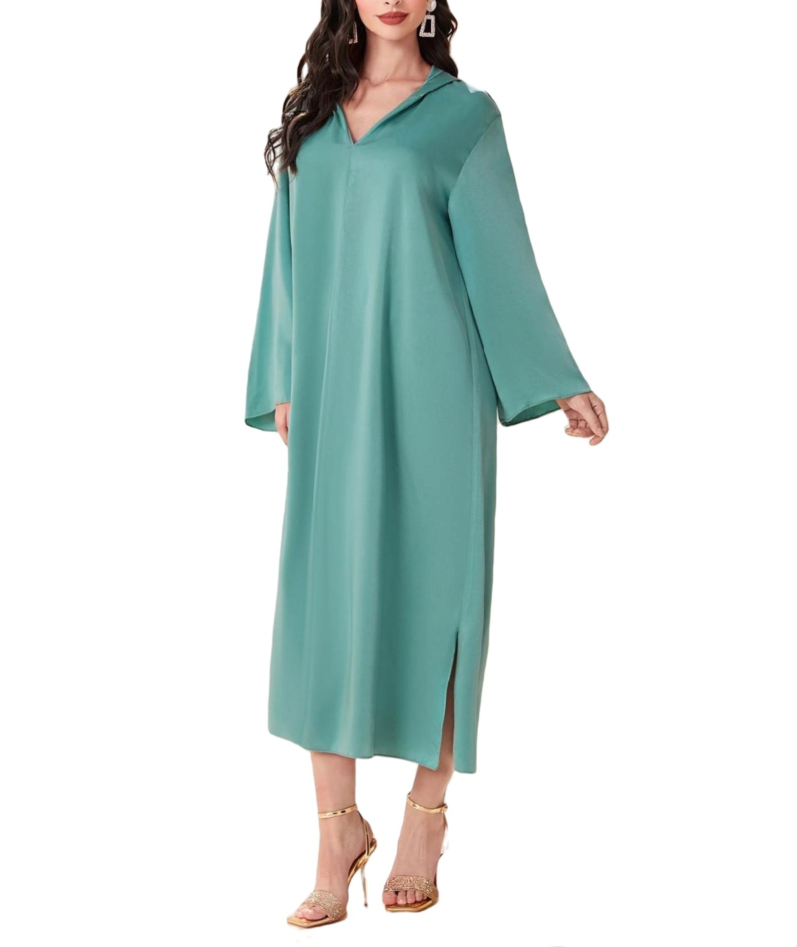 Modest Solid Hooded Tunic Dress Long Sleeve Cadet Blue Kaftan ...