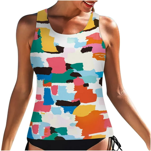 Modest Tankini Tops for Women Swimwear Top Only Halter Crewneck Graphic ...