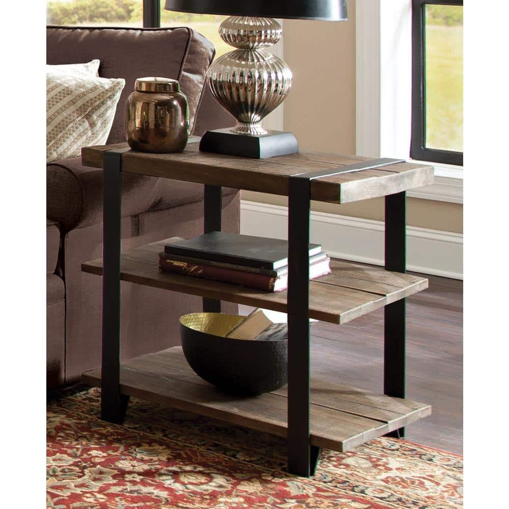 Modesto 27 in. Rectangle End Table with Metal Strap and Solid Wood, Natural Pine Finish, Rustic ...