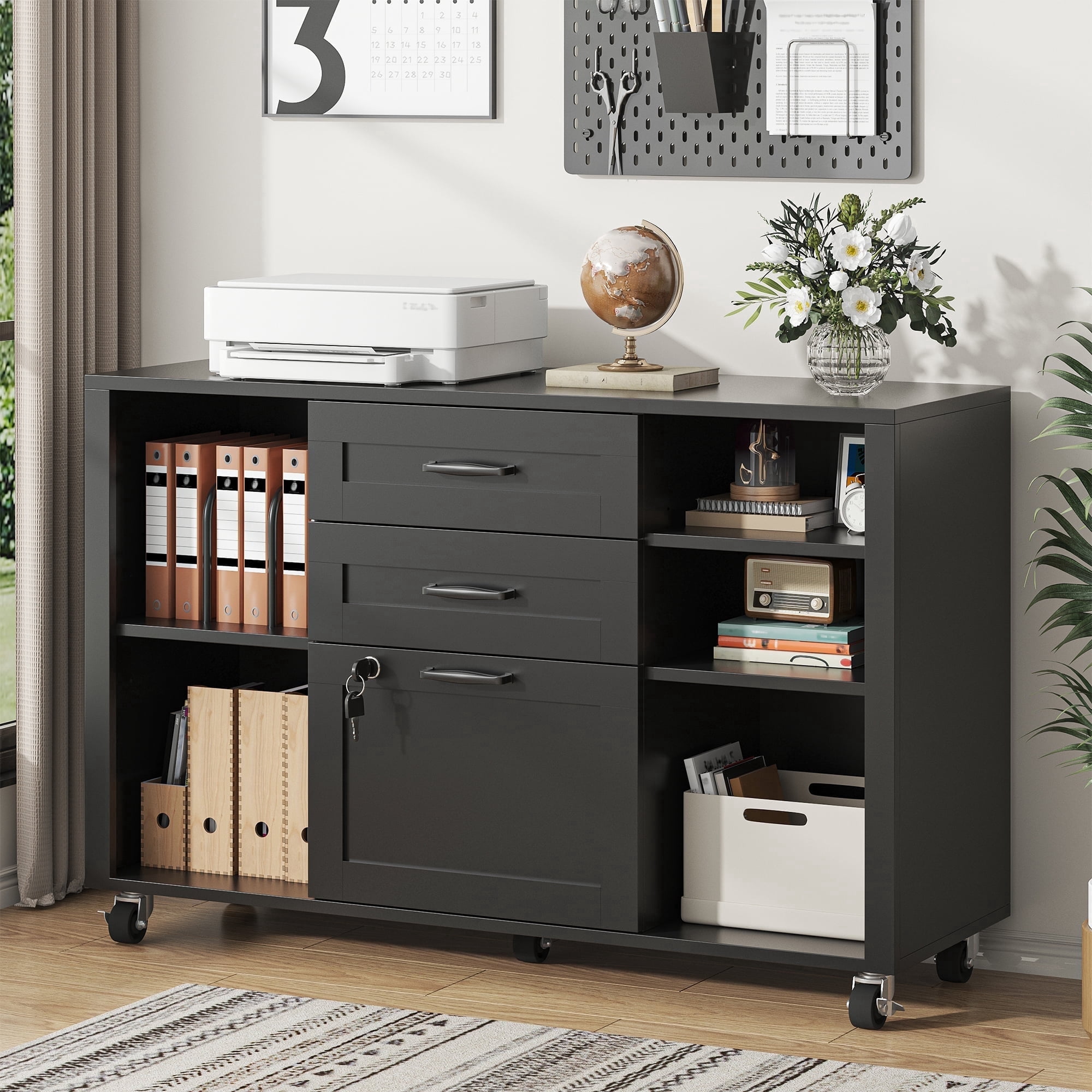 Modfurne 3 Drawer Wood Mobile Large lateral File Cabinet, Lockable ...