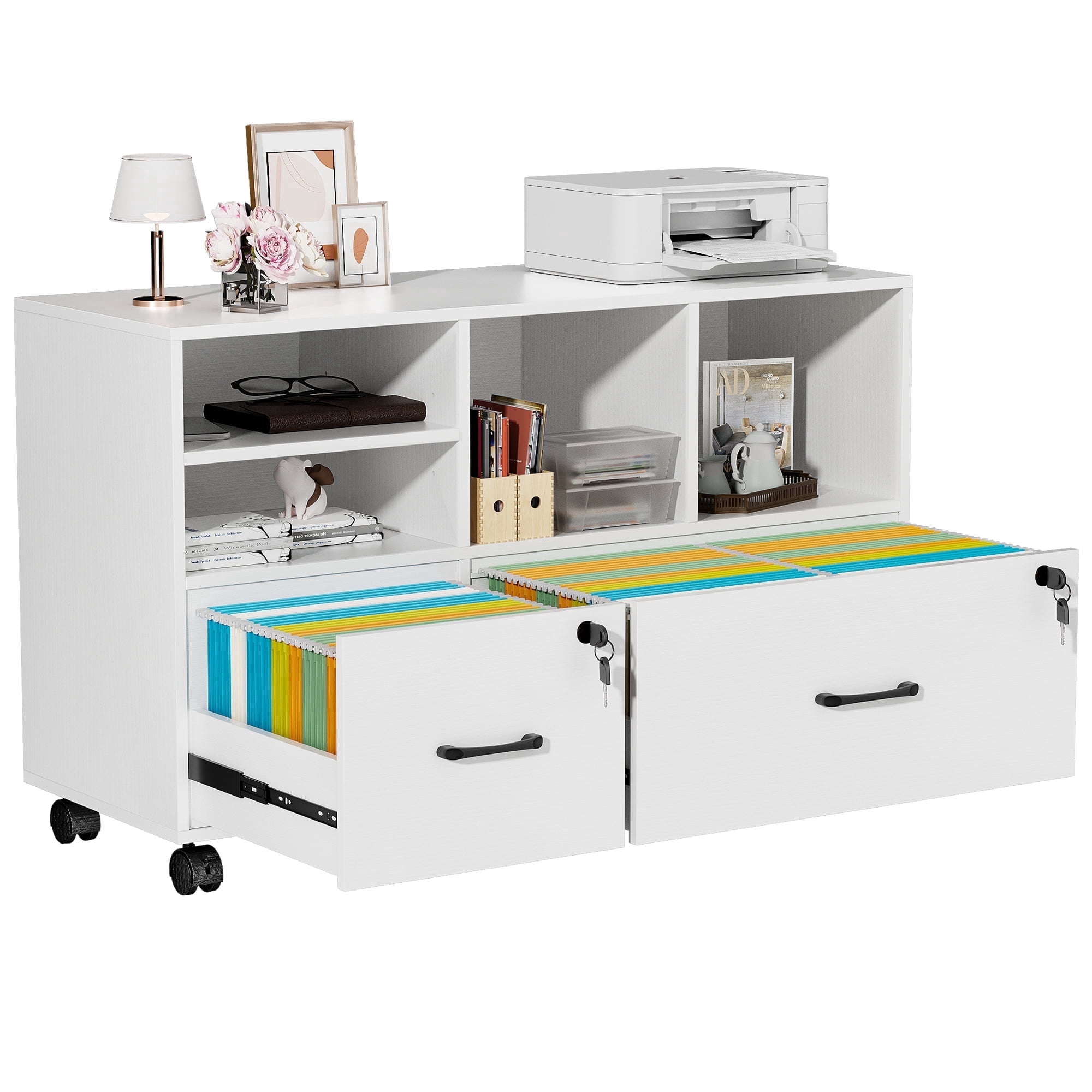 Modfurne Large Lateral File Cabinet with 2 Drawers, Wood Mobile ...