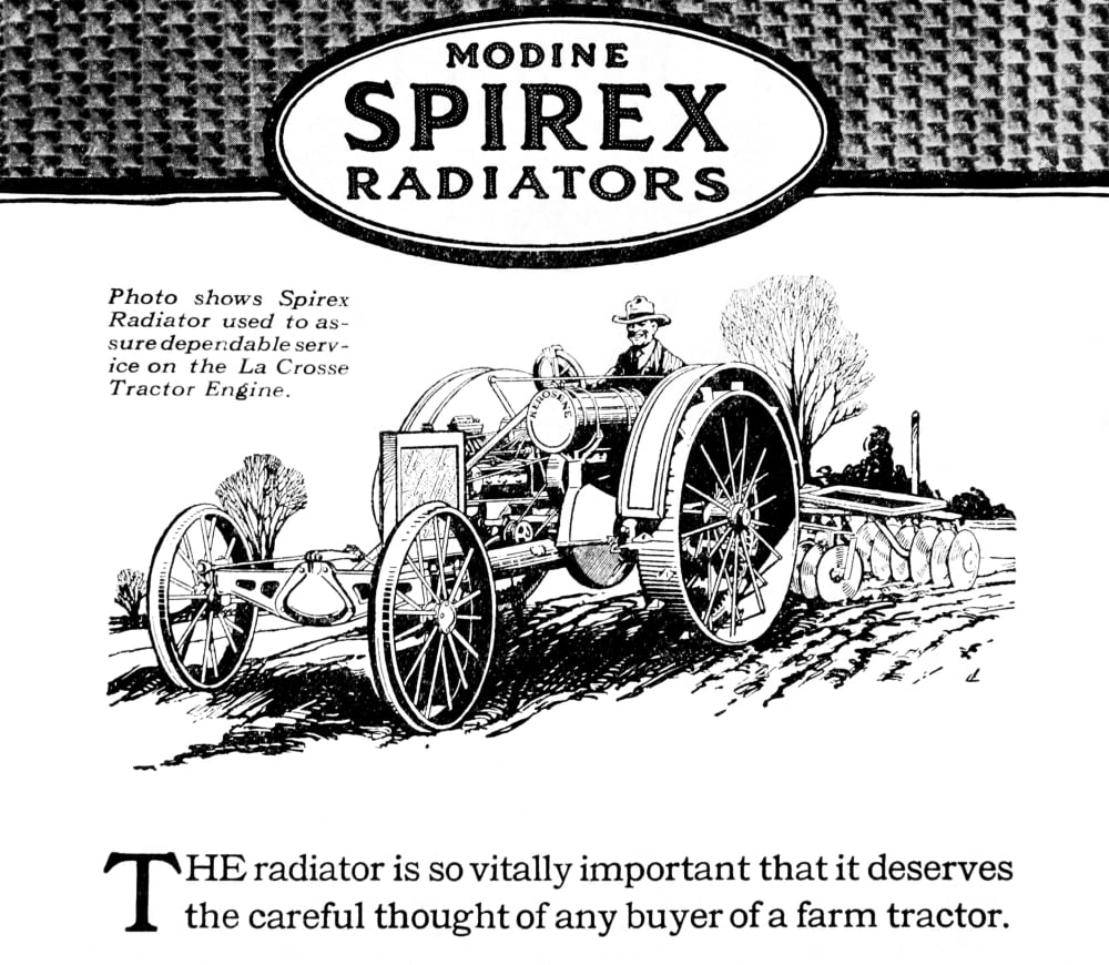 Modine Spirex Radiator advertisement with illustration of farmer on ...