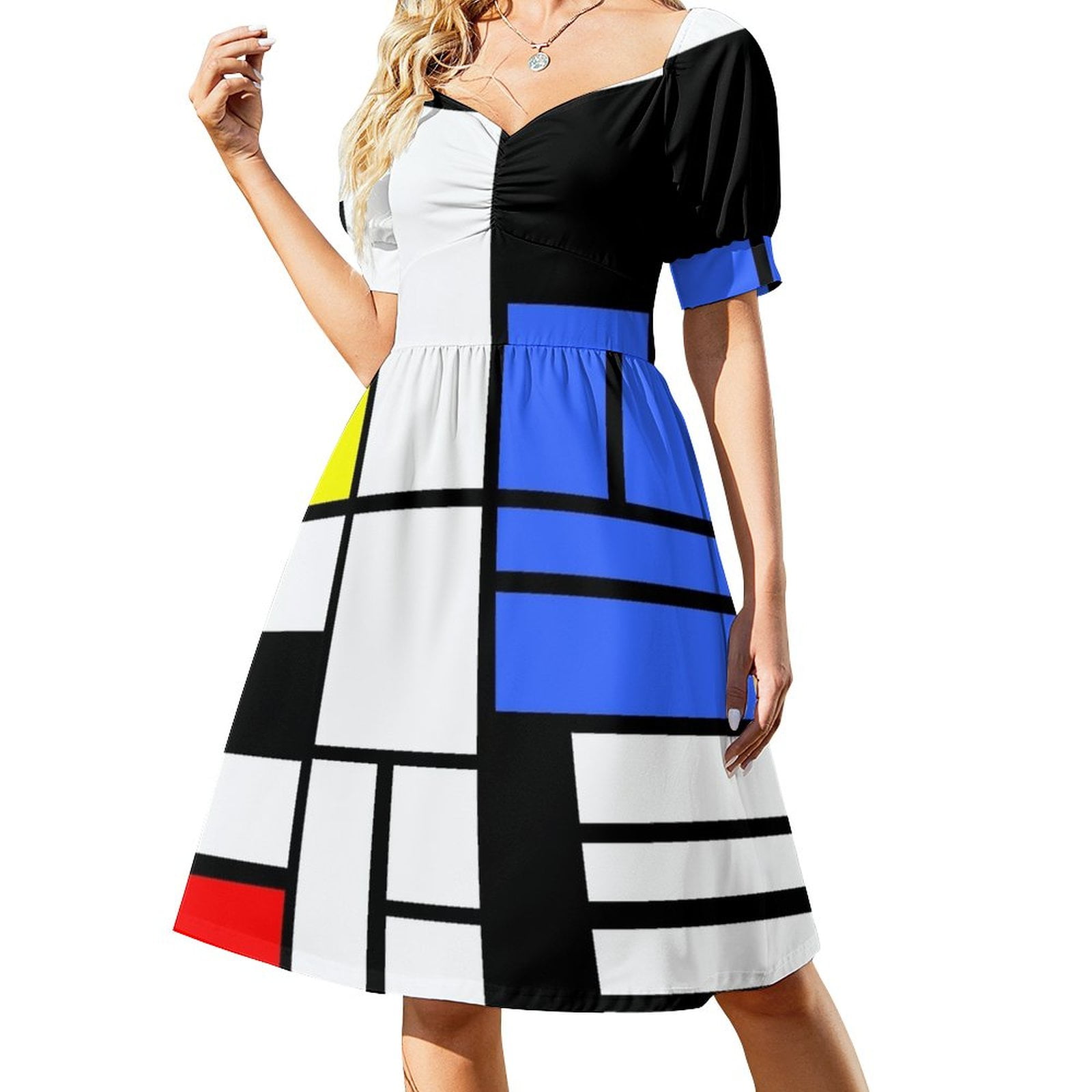 Modrian inspired Composition with Red Blue and Yellow Sleeveless Dress ...