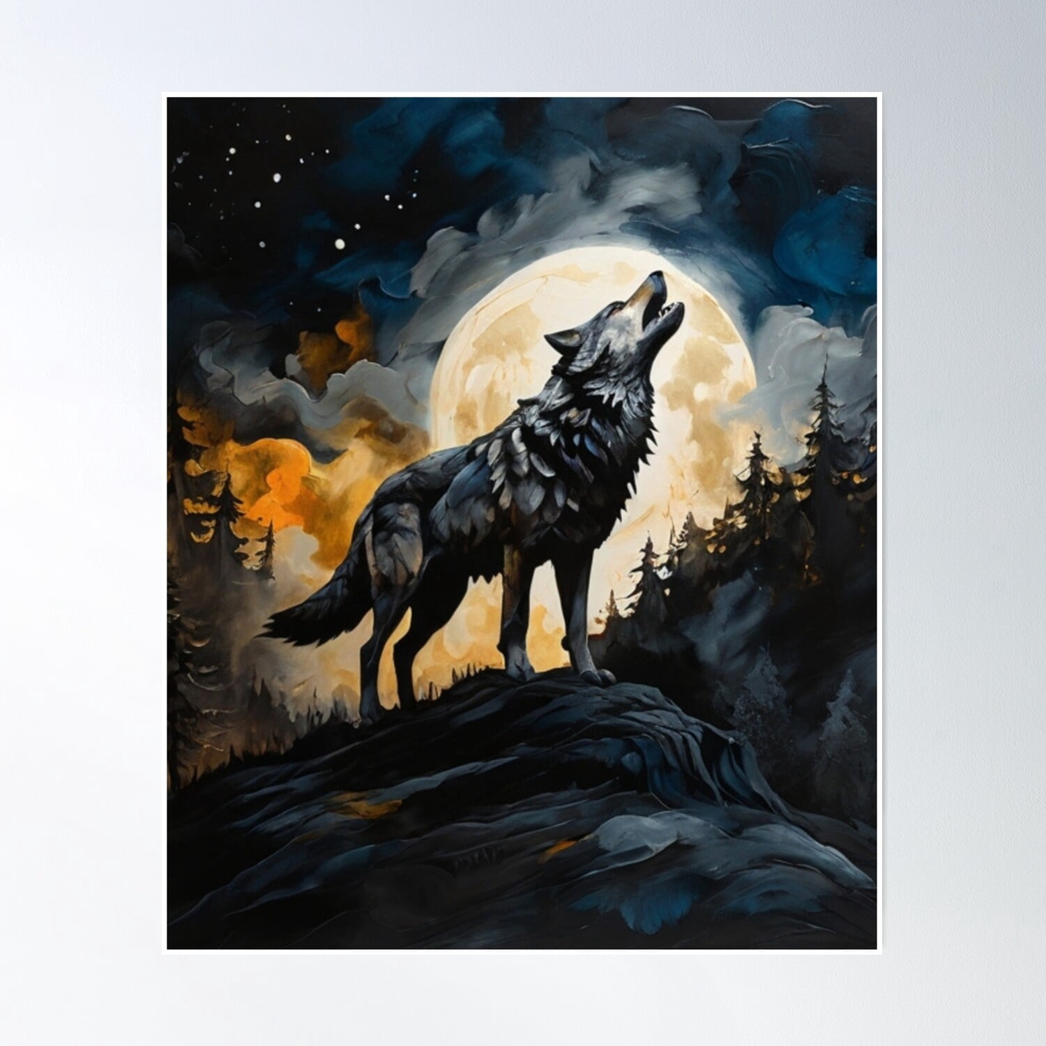 Modroom Abstract Drawing Of A Black Wolf Howling In Front Of Moon ...