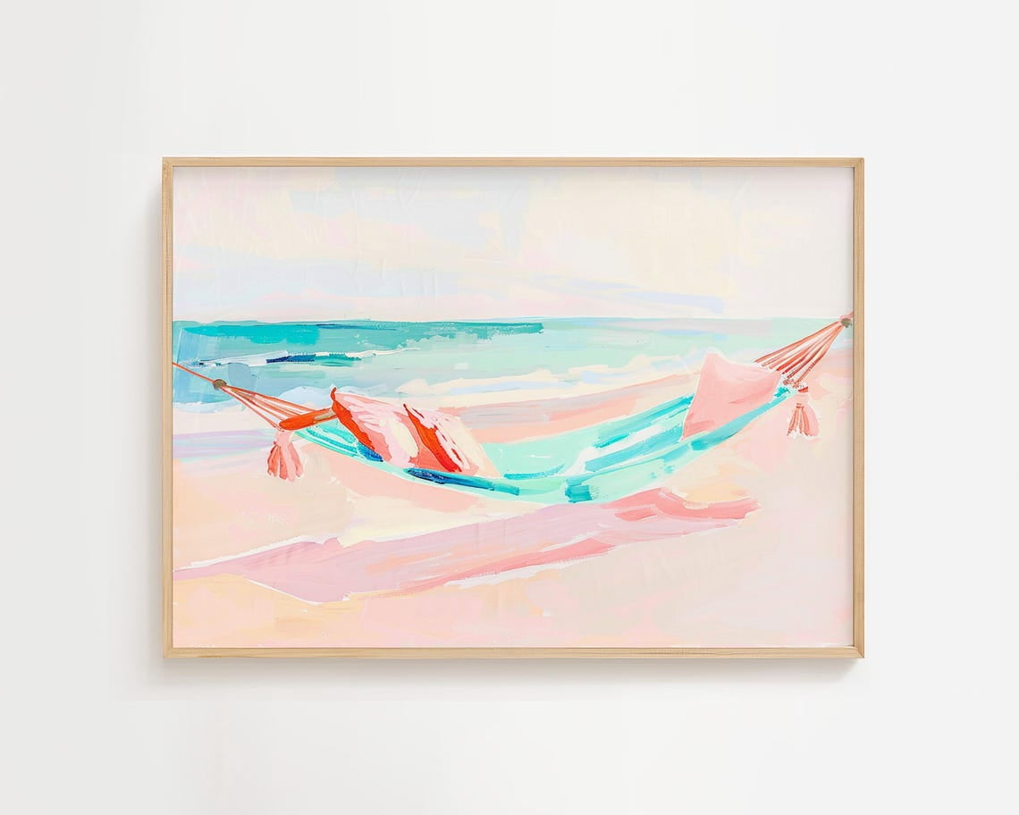 Modroom Afternoon Hammock Nap, Colorful Pastel, Coastal Beachy Poster ...