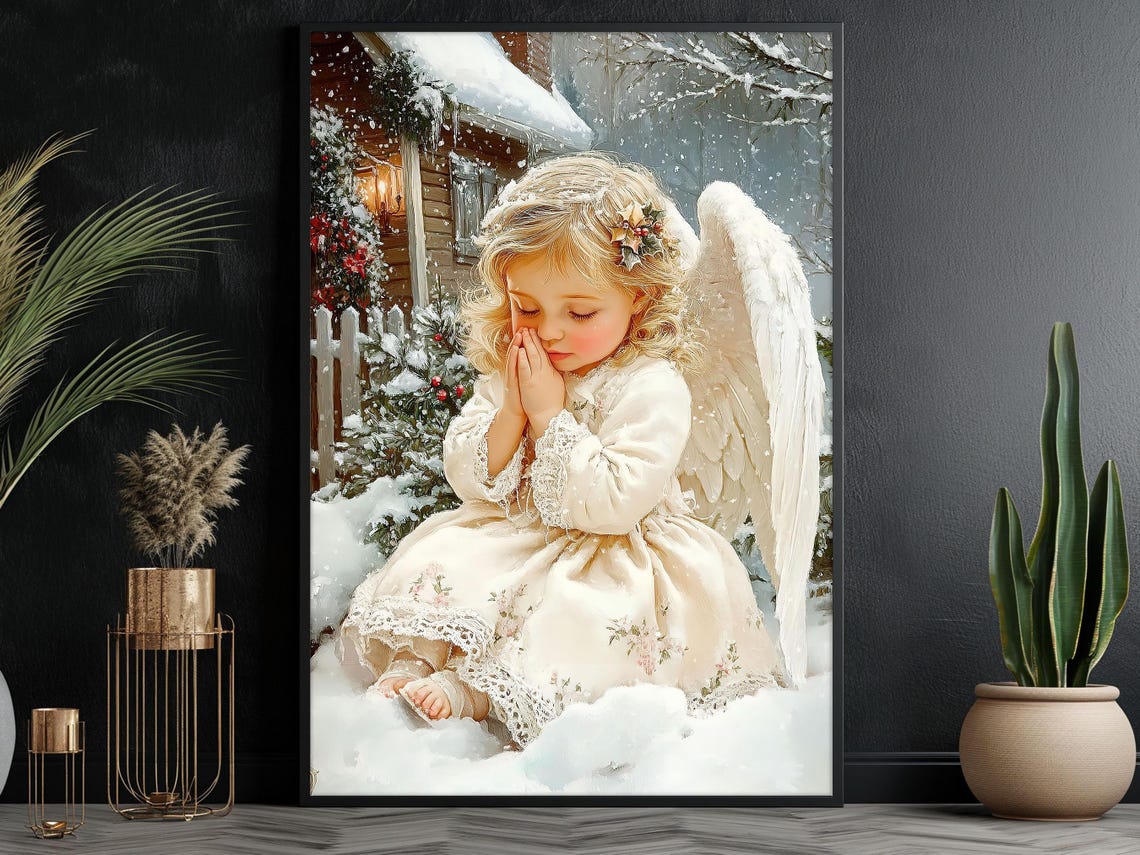 Modroom Angel Praying Poster, Vintage Holiday Wall Art, Inspirational ...