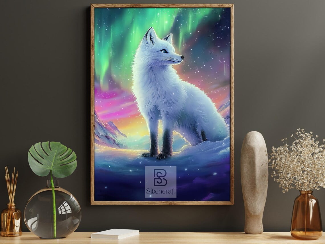 Modroom Arctic Fox Poster, Winter Wildlife Wall Art, Northern Lights ...