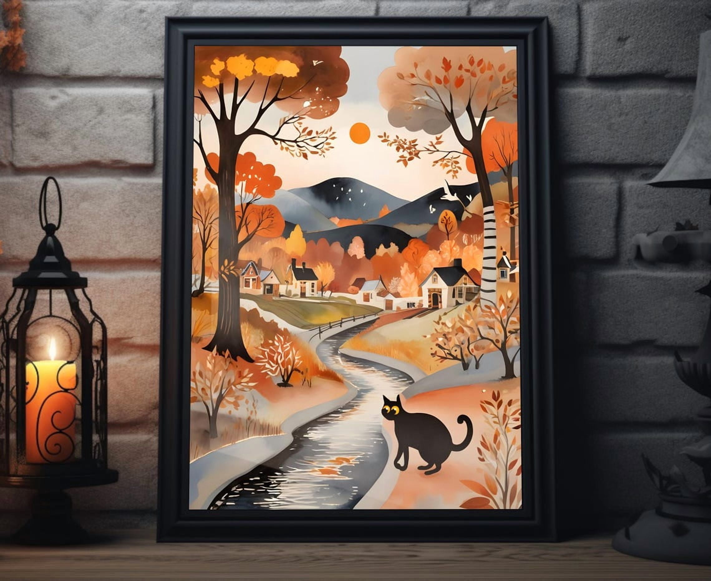 Modroom Autumn Cat Folk Art Print, Scenic Thanksgiving Black Cat Poster ...