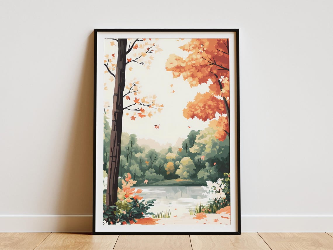 Modroom Autumn Landscape Poster Fall Leaves Print Forest Lake Art ...
