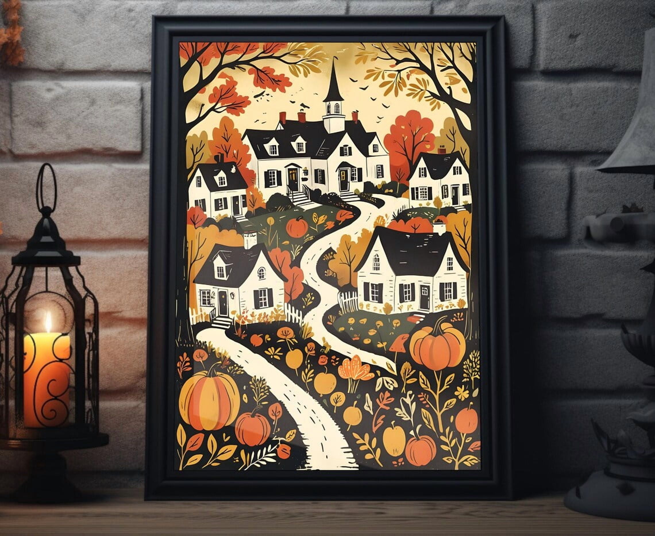Modroom Autumn Town Woodcut Folk Art Print, Scenic Pumpkin Poster For ...