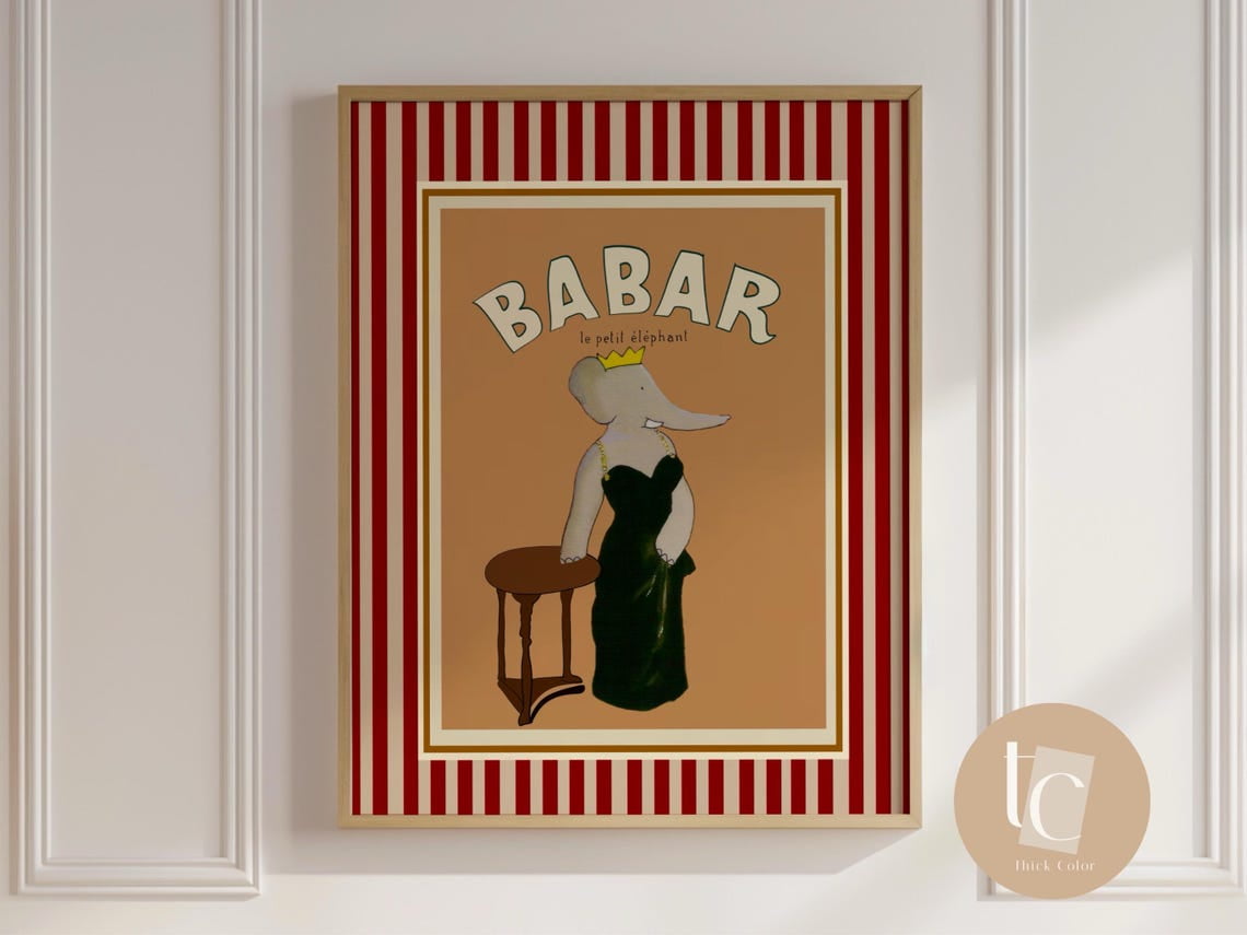 Modroom Babar The Elephant Madame X And Mr Nursery Wall Art Retro Kids ...