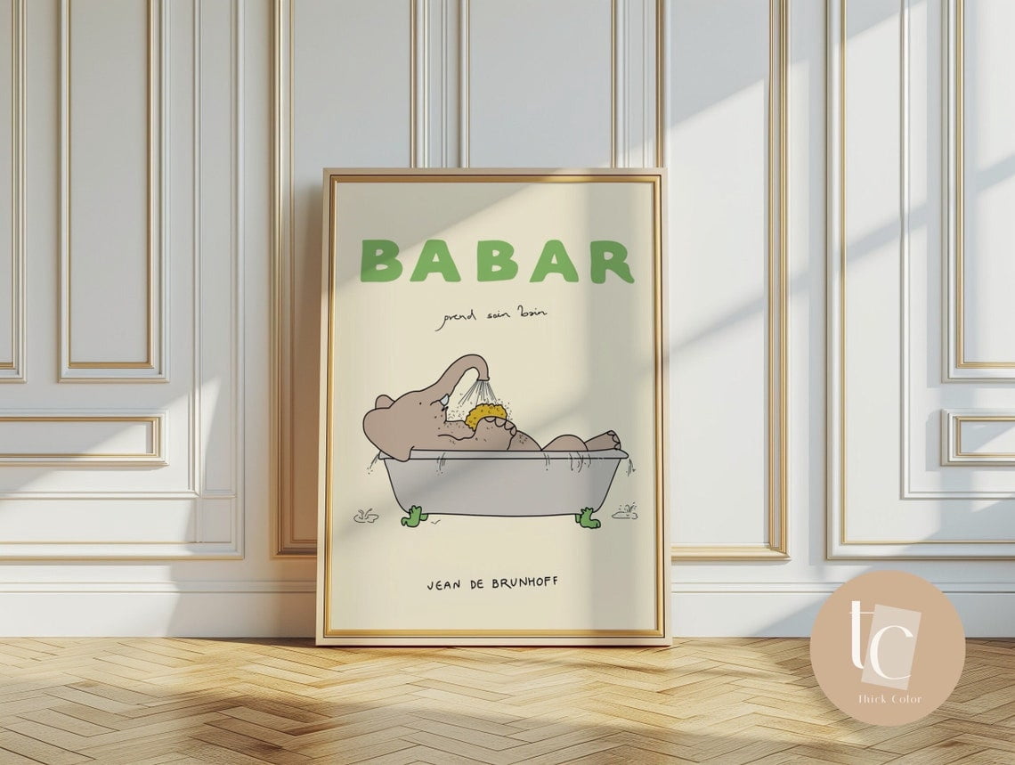 Modroom Babar The Elephant Prend Le Bain Nursery Wall Art Retro Kids ...