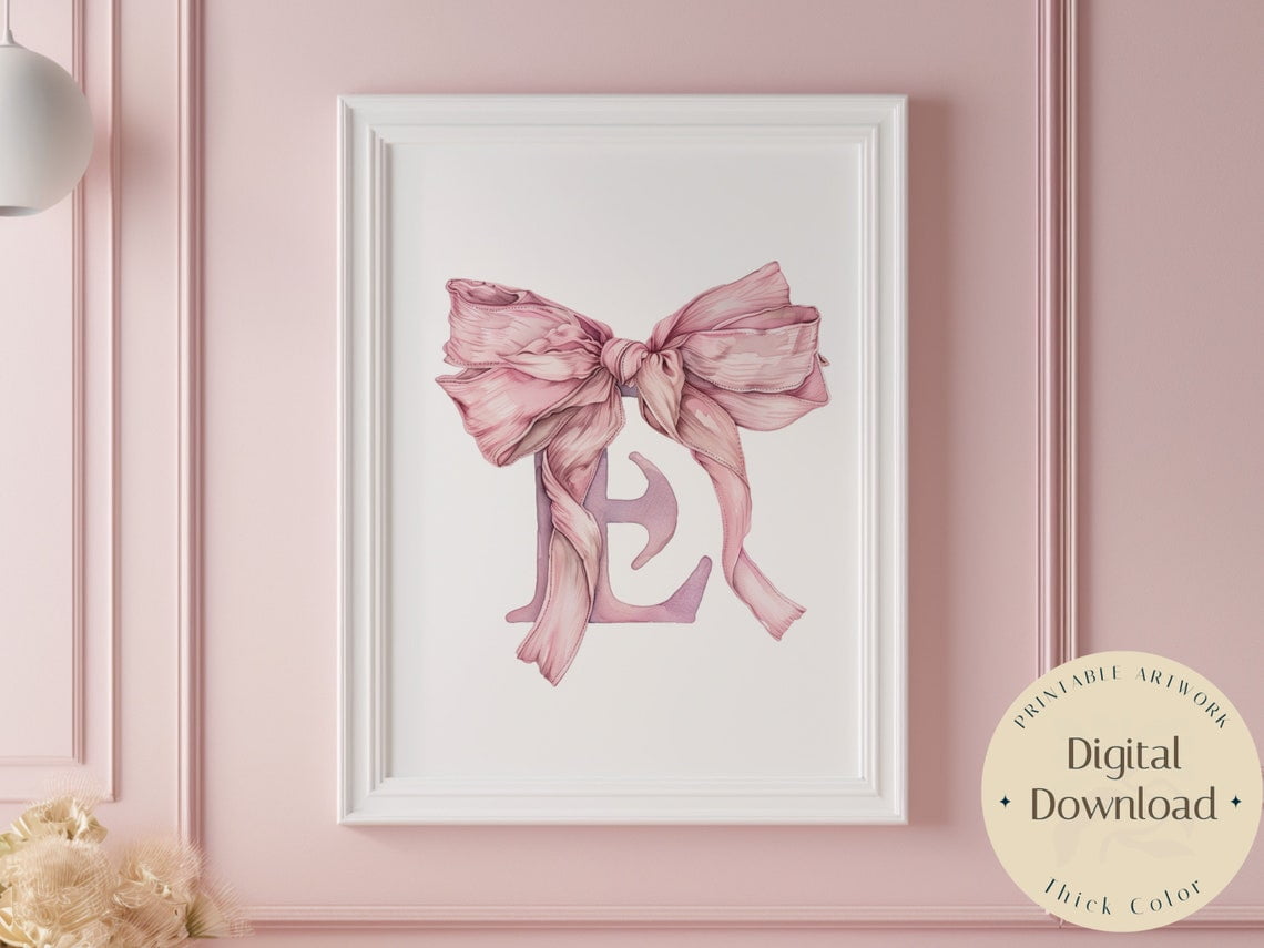 Modroom Baby Initial Pink E Watercolor Nursery Vintage Bow Print, Bow ...
