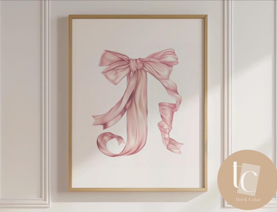Modroom Baby Initial Pink J Watercolor Nursery Vintage Bow Print, Bow Ribbon Wall Art, Nursery ...