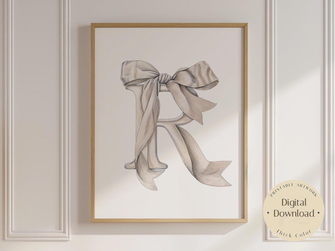 Modroom Baby Initial R Watercolor Nursery Vintage Bow Print, Bow Ribbon ...