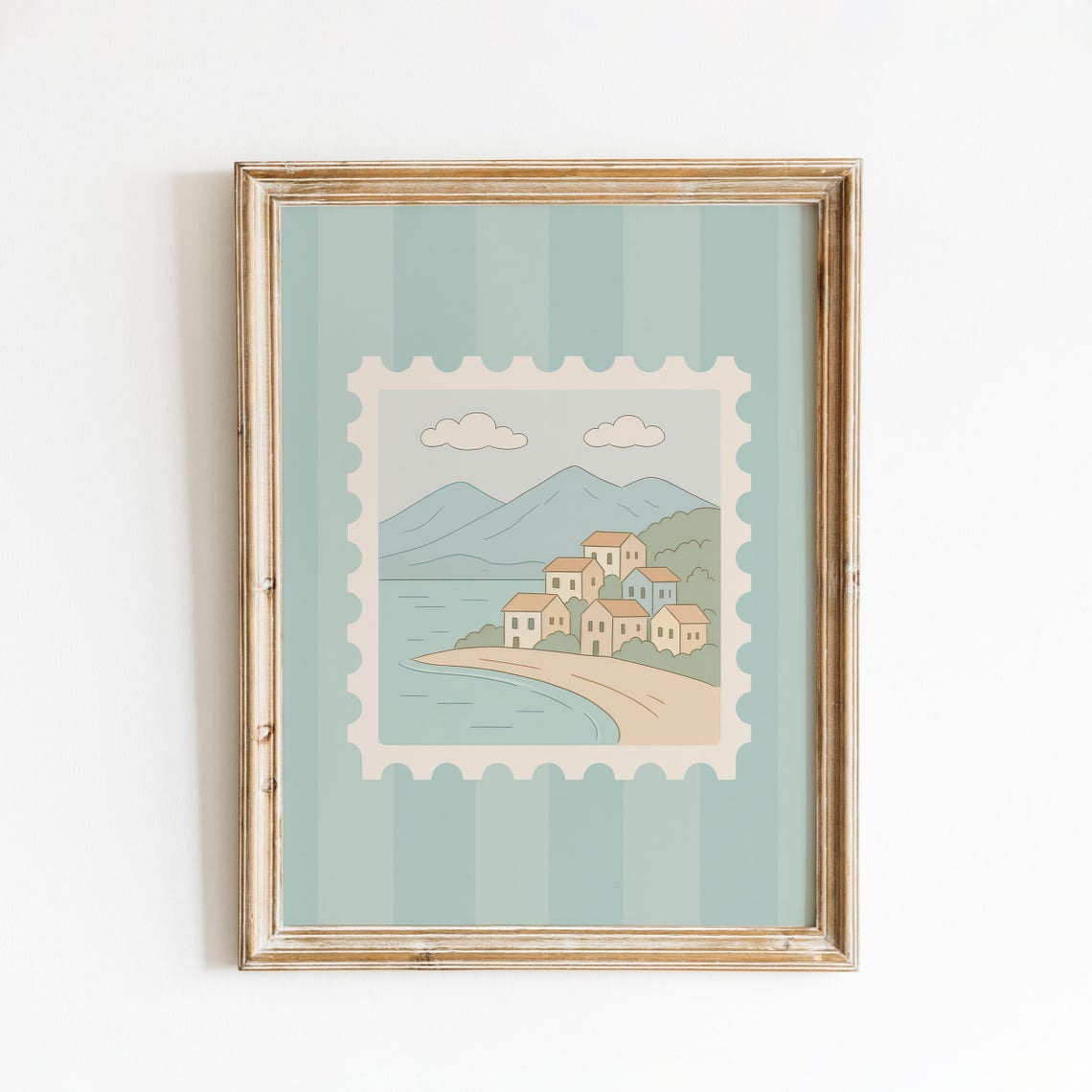 Modroom Beachfront Village Poster - Pastel Coastal Poster - Minimal ...
