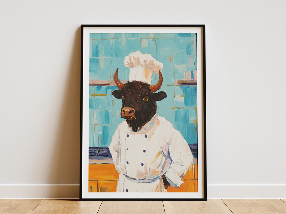 Modroom Bison Chef Art Print Animal Chef Poster Kitchen Wall Decor ...