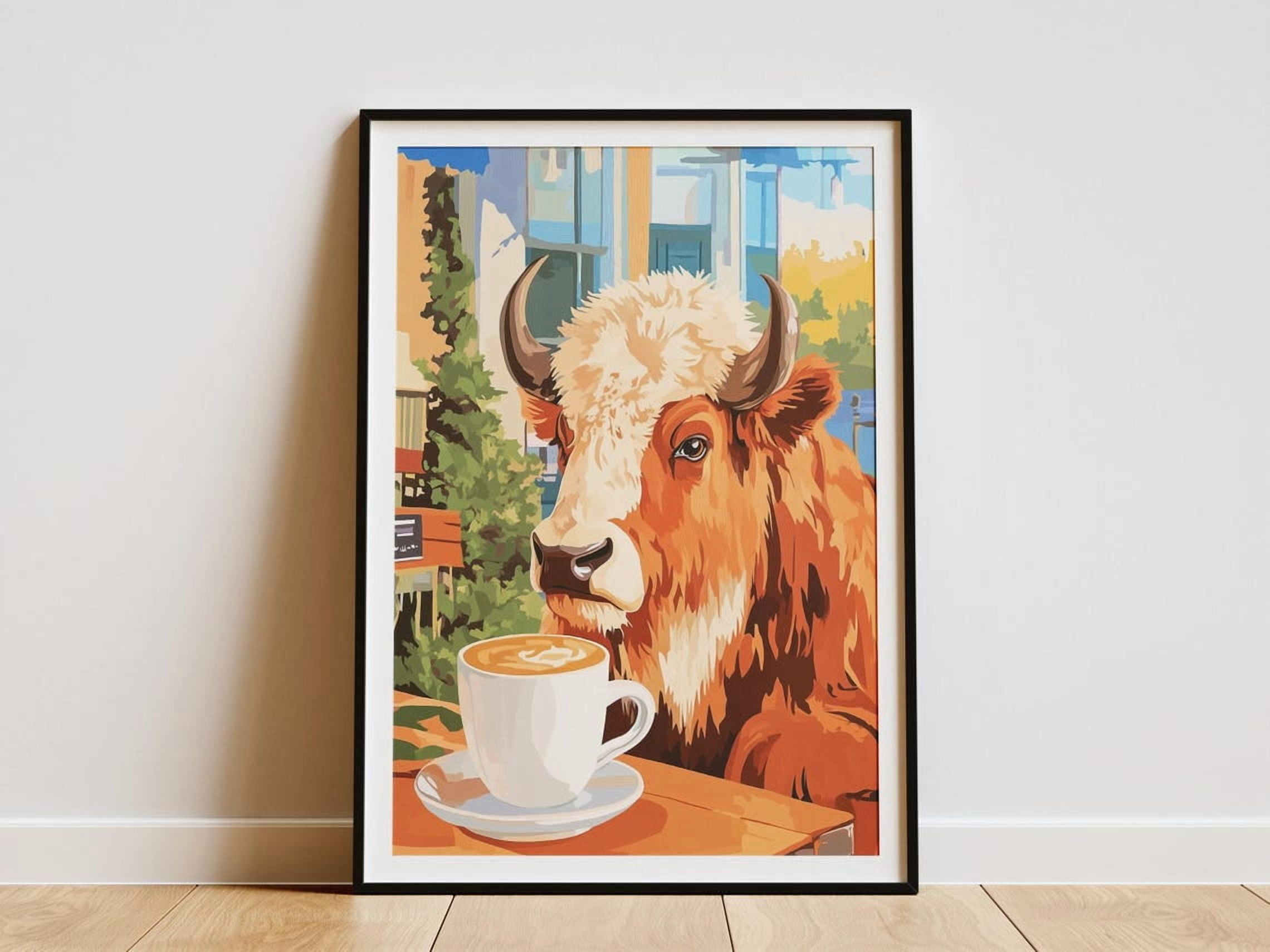 Modroom Bison Coffee Shop Poster Animal Cafe Art Print Whimsical Wall ...