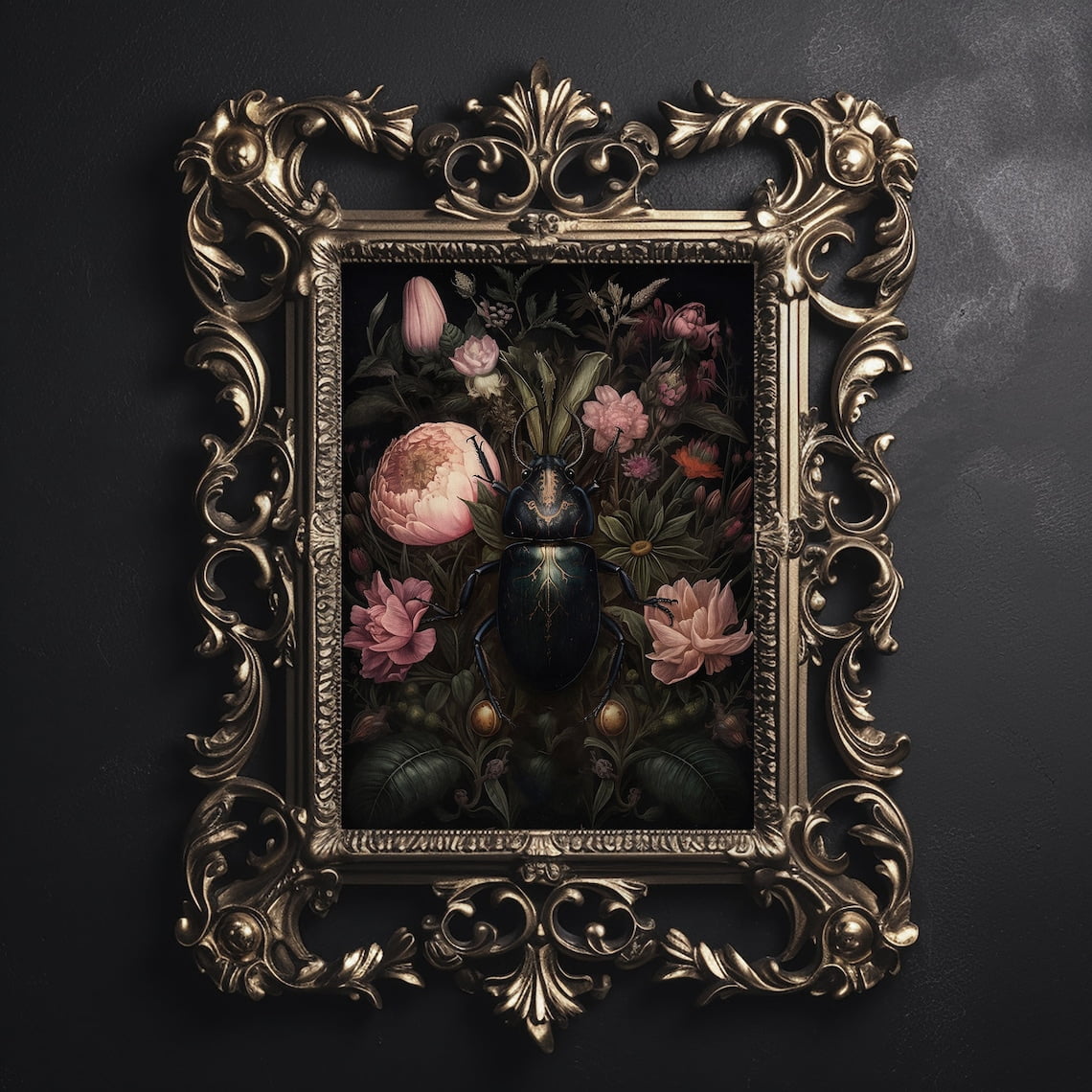 Modroom Black Beetle in Dark Flower Garden Poster, Gothic Bug Wall Art ...