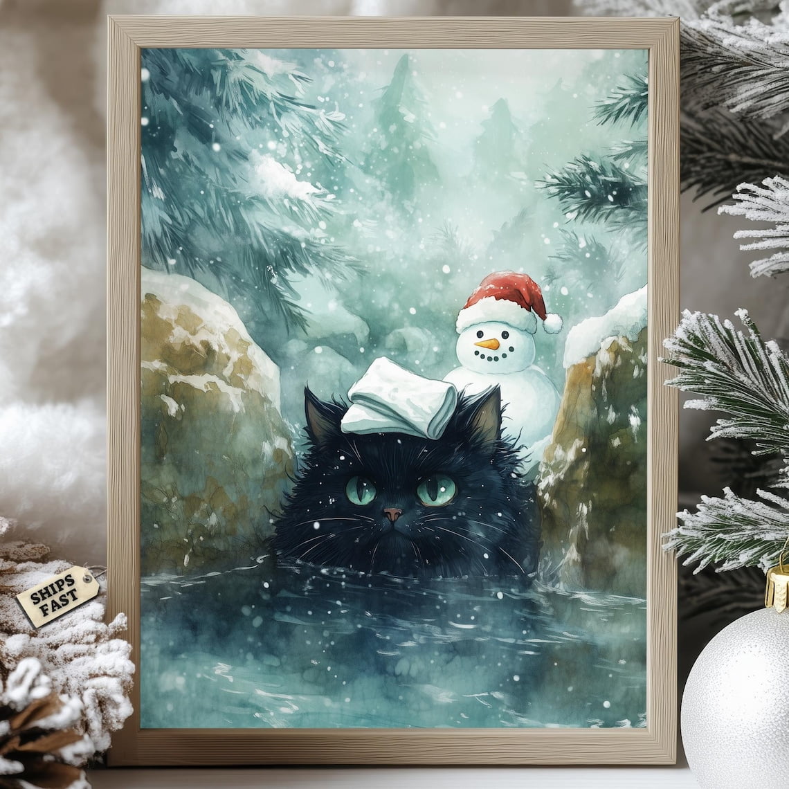 Modroom Black Cat Hot Spring Winter Poster Japanese Forest Holiday Wall ...