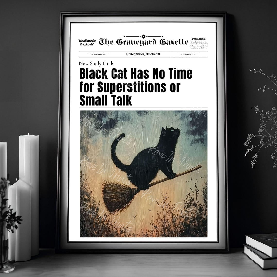 Modroom Black Cat Newspaper Poster, Vintage Gothic Wall Art, Witchy ...
