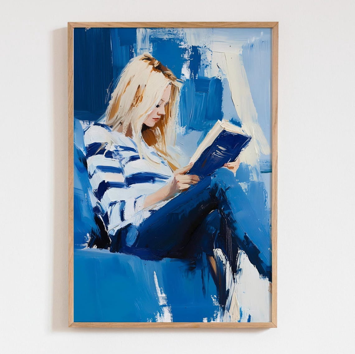Modroom Blue Acrylic Girl Reading Book Poster, Abstract People Art ...