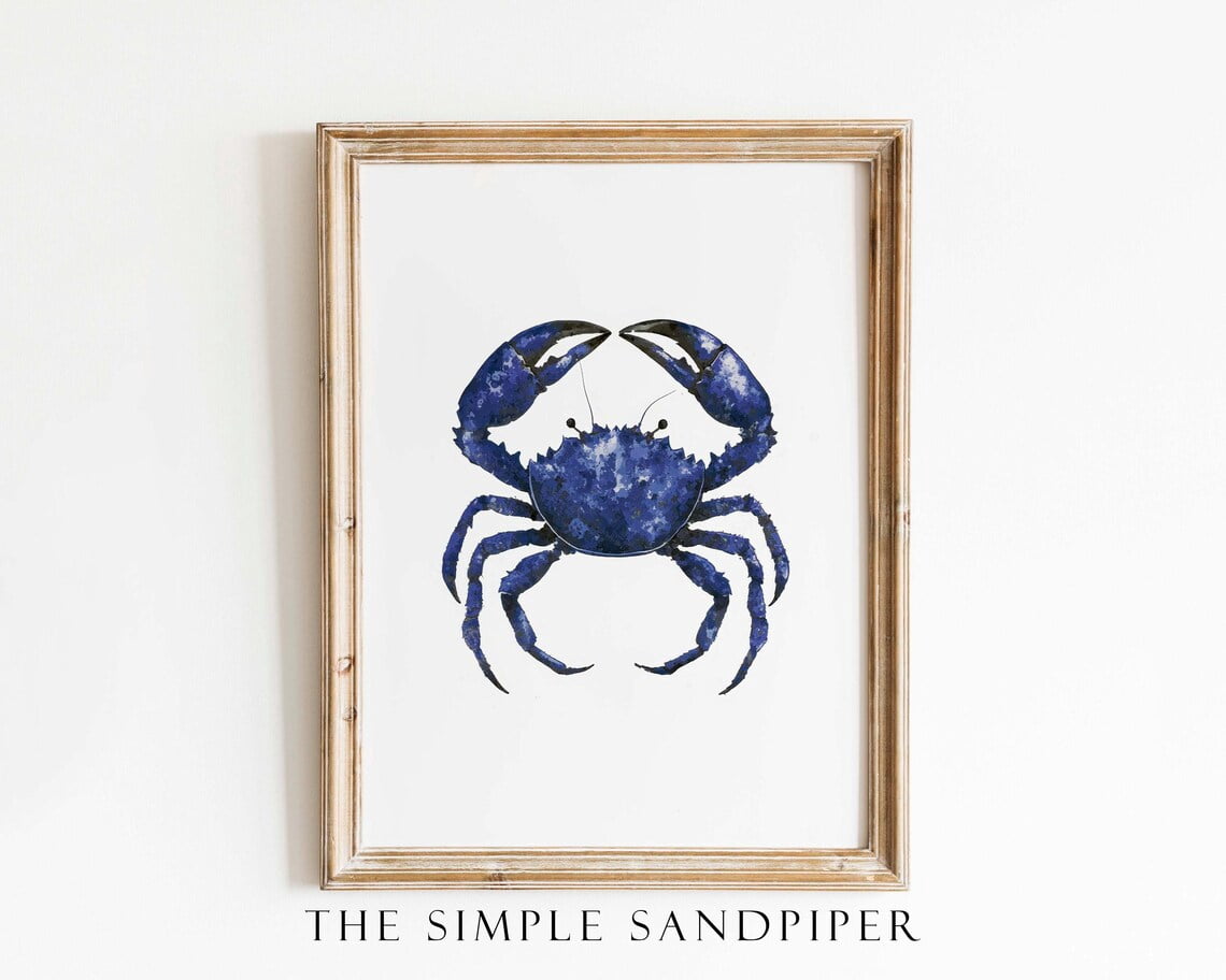 Modroom Blue Crab Print, Indigo Shell & Black Claws, Minimalist Coastal ...