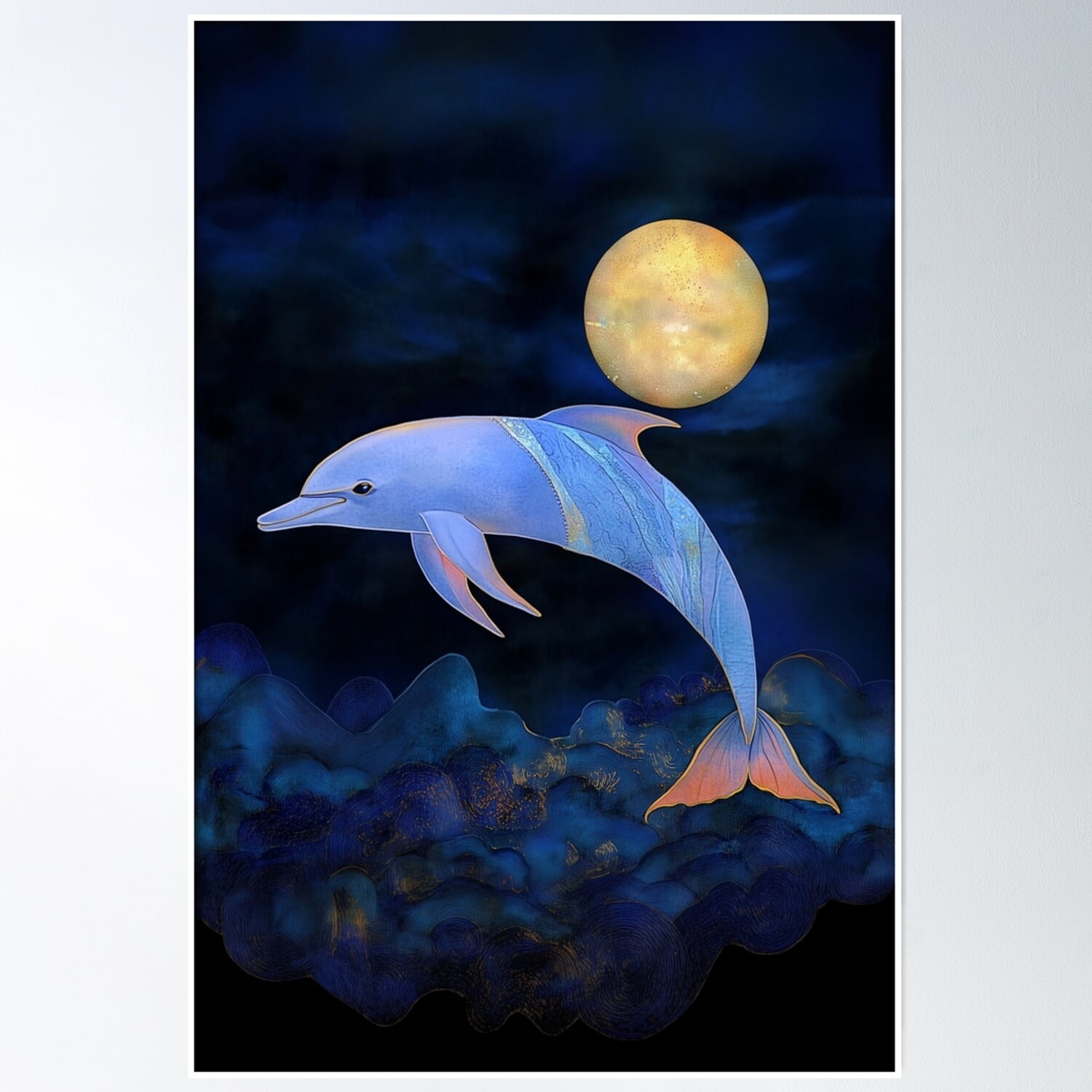 Modroom Blue Dolphin Under Night Sky Poster Wall Art, Modern Wall Decor ...