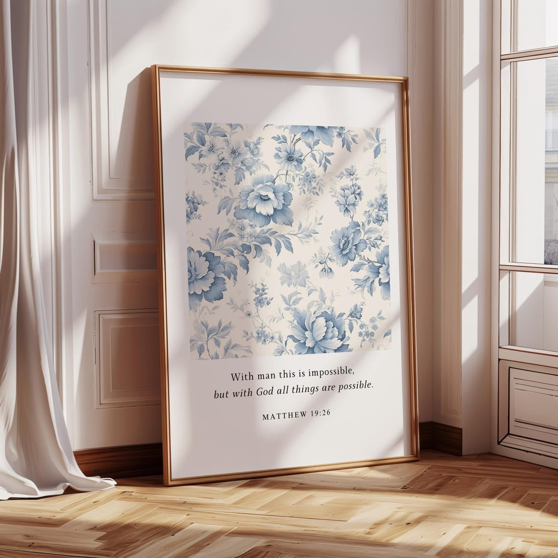 Modroom Blue Floral Bible Verse Affirmation Bible Quote Vintage Toile ...